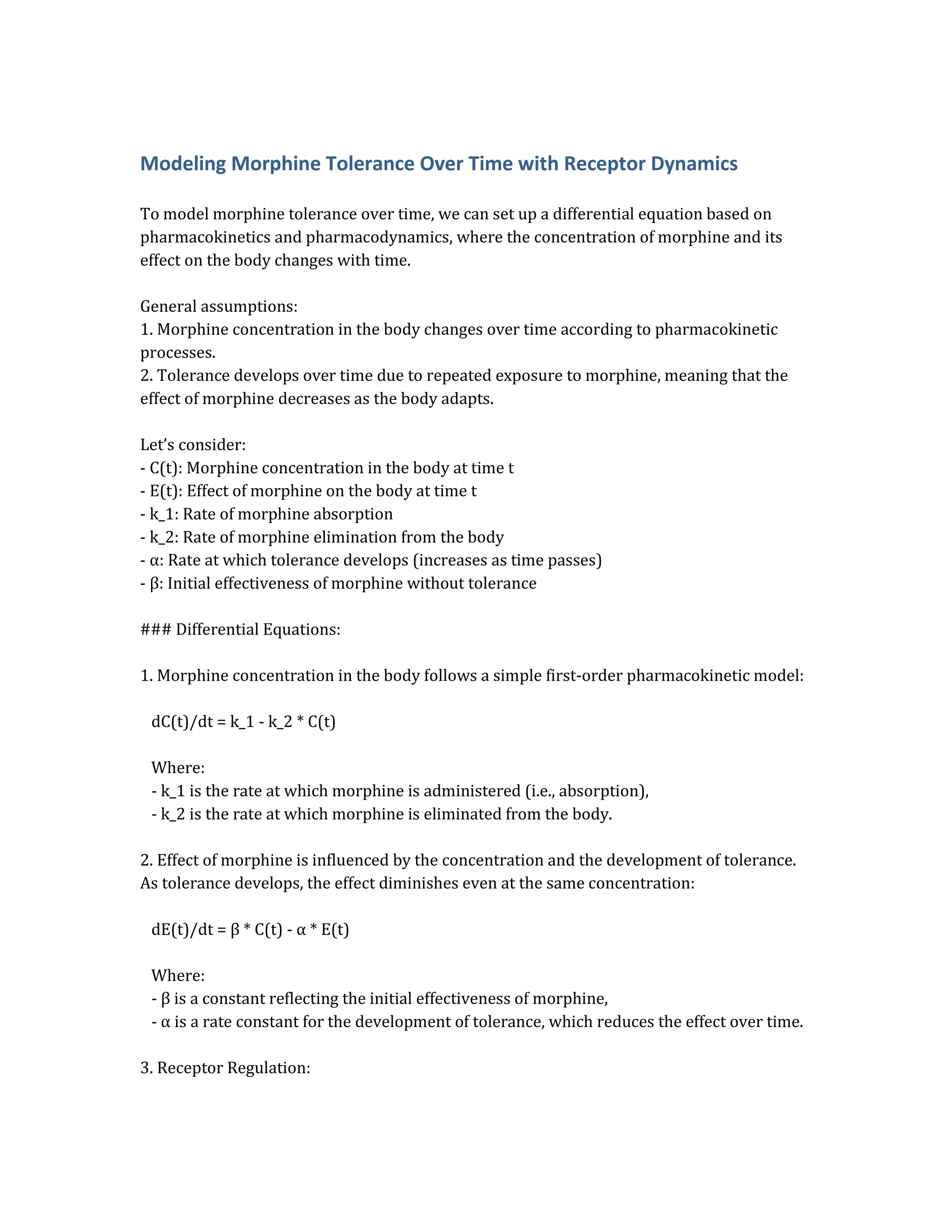 Morphine Tolerance Model Over Time C Receptors Dynamic | PDF