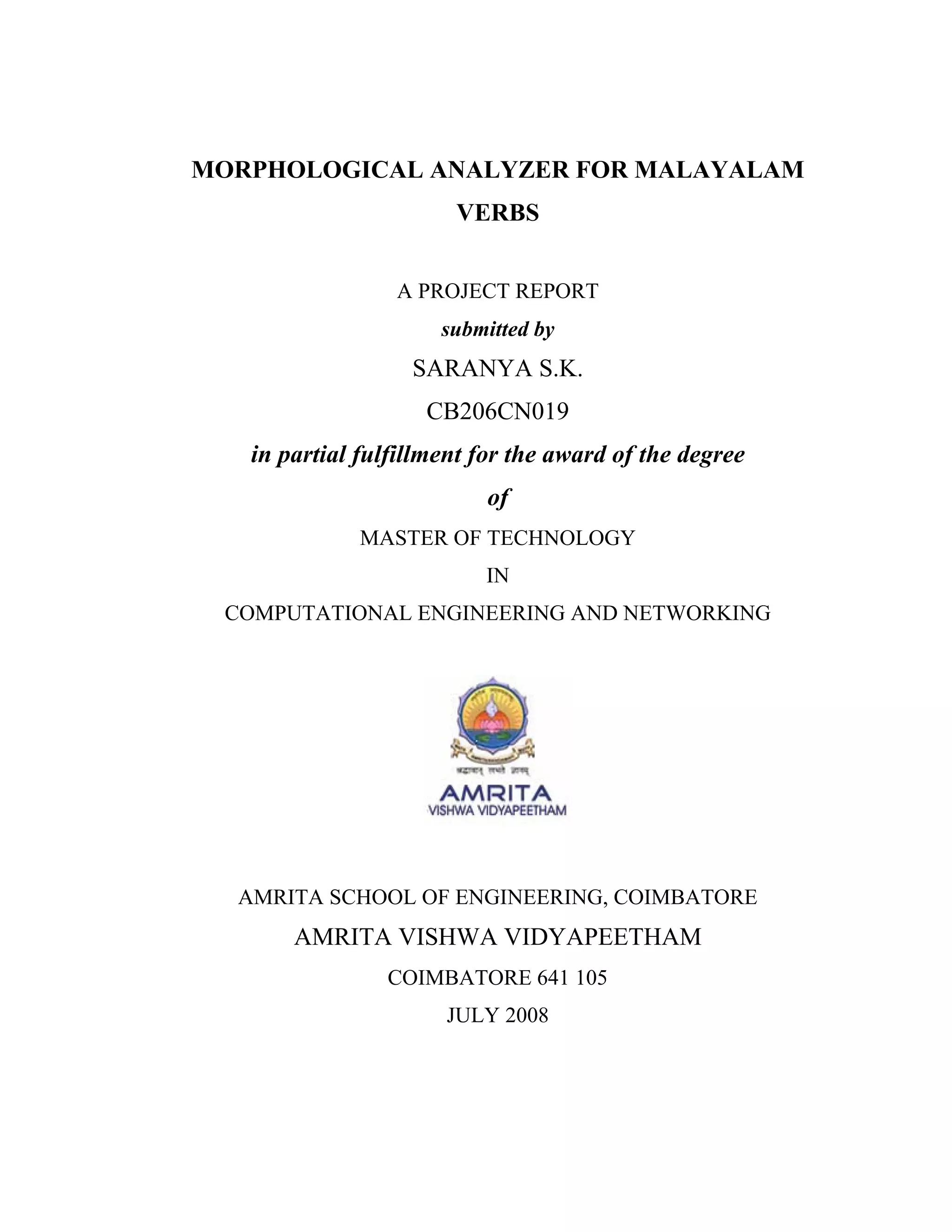 Morphological analyzer for malalyalam verbs | PDF