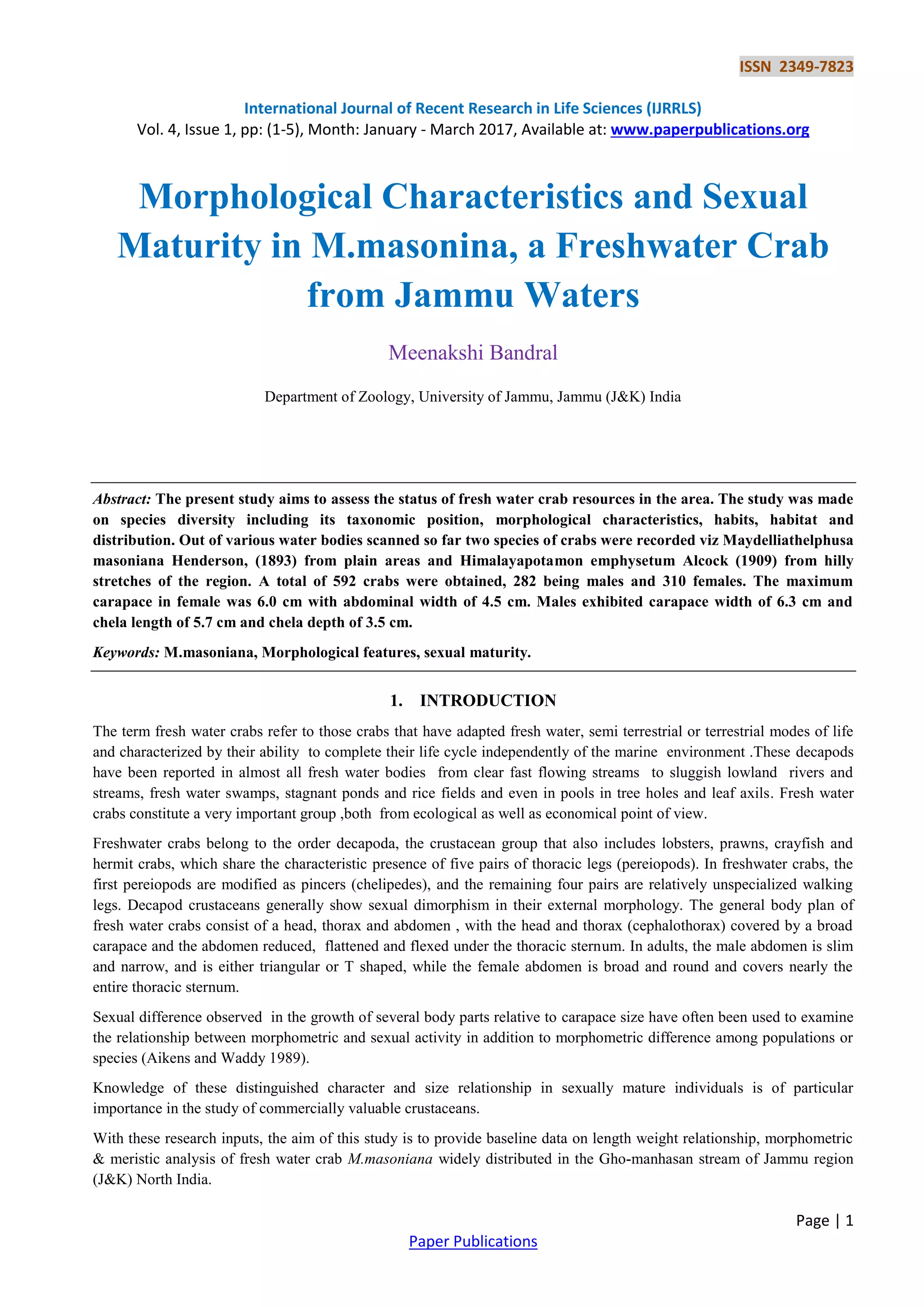 Morphological Characteristics and Sexual Maturity in M.masonina, a ...