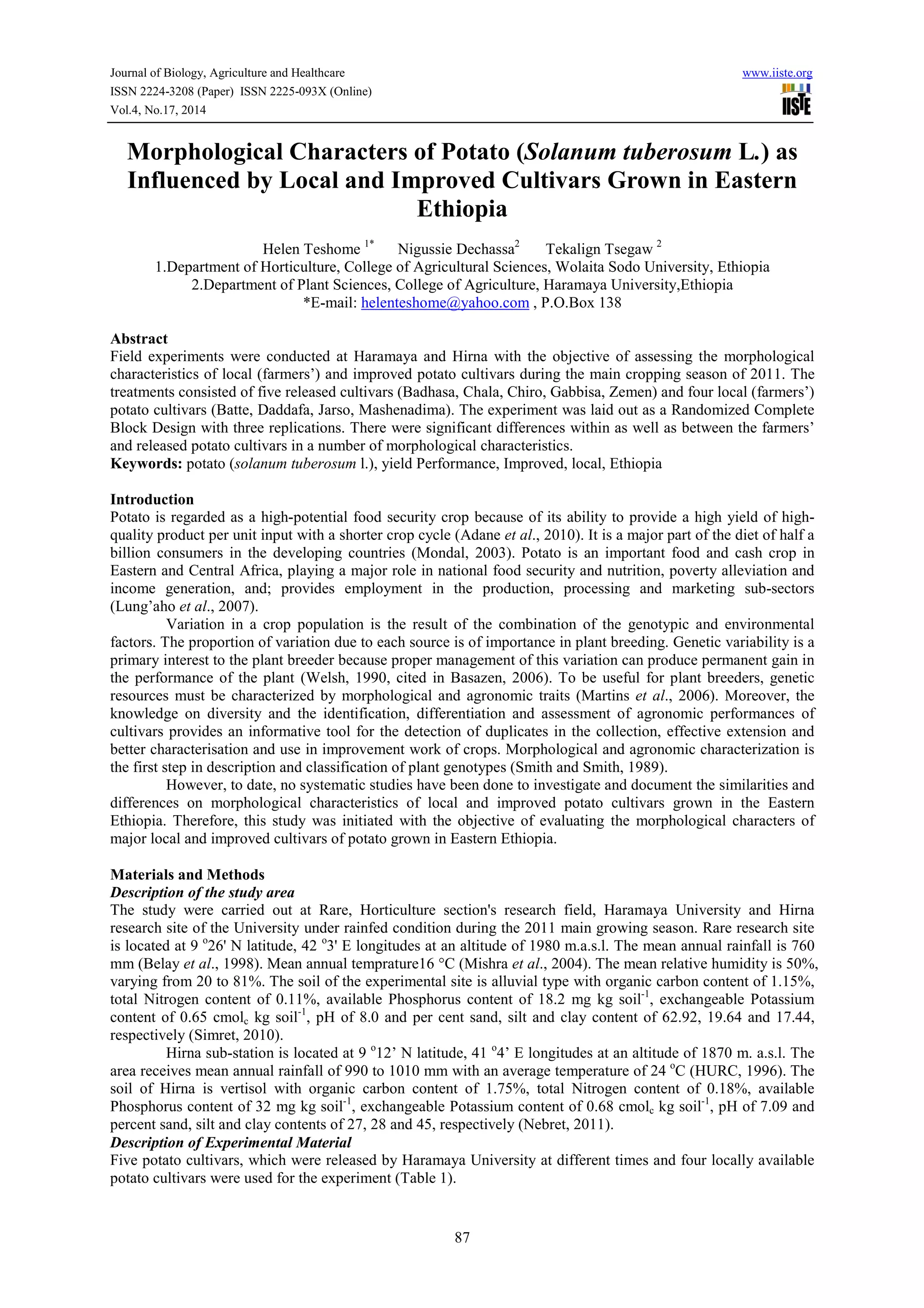 Morphological characters of potato (solanum tuberosum l.) as influenced by local and improved ...
