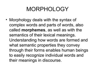 Morphology deals with the syntax of complex words and parts of words ...