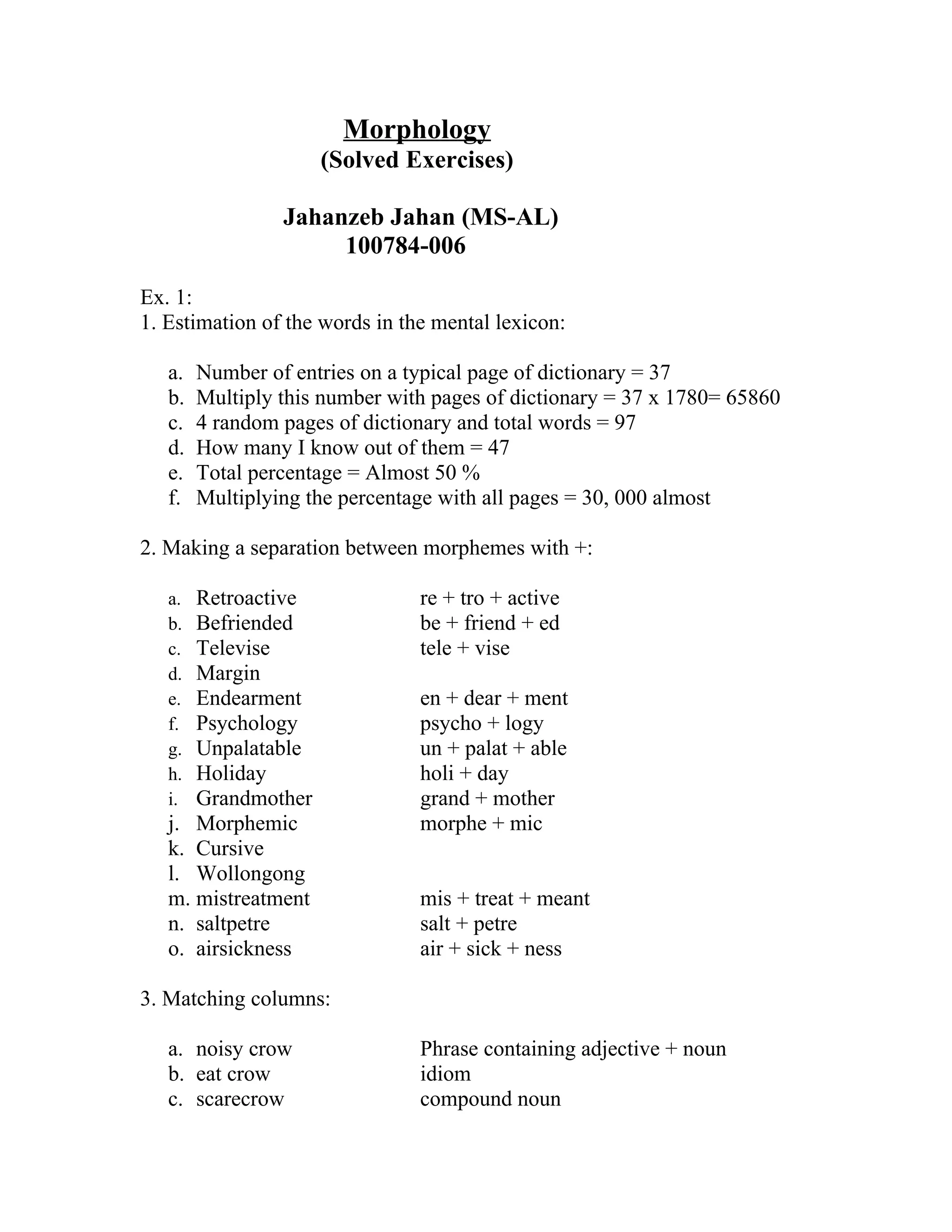 Morphology exercises | DOC