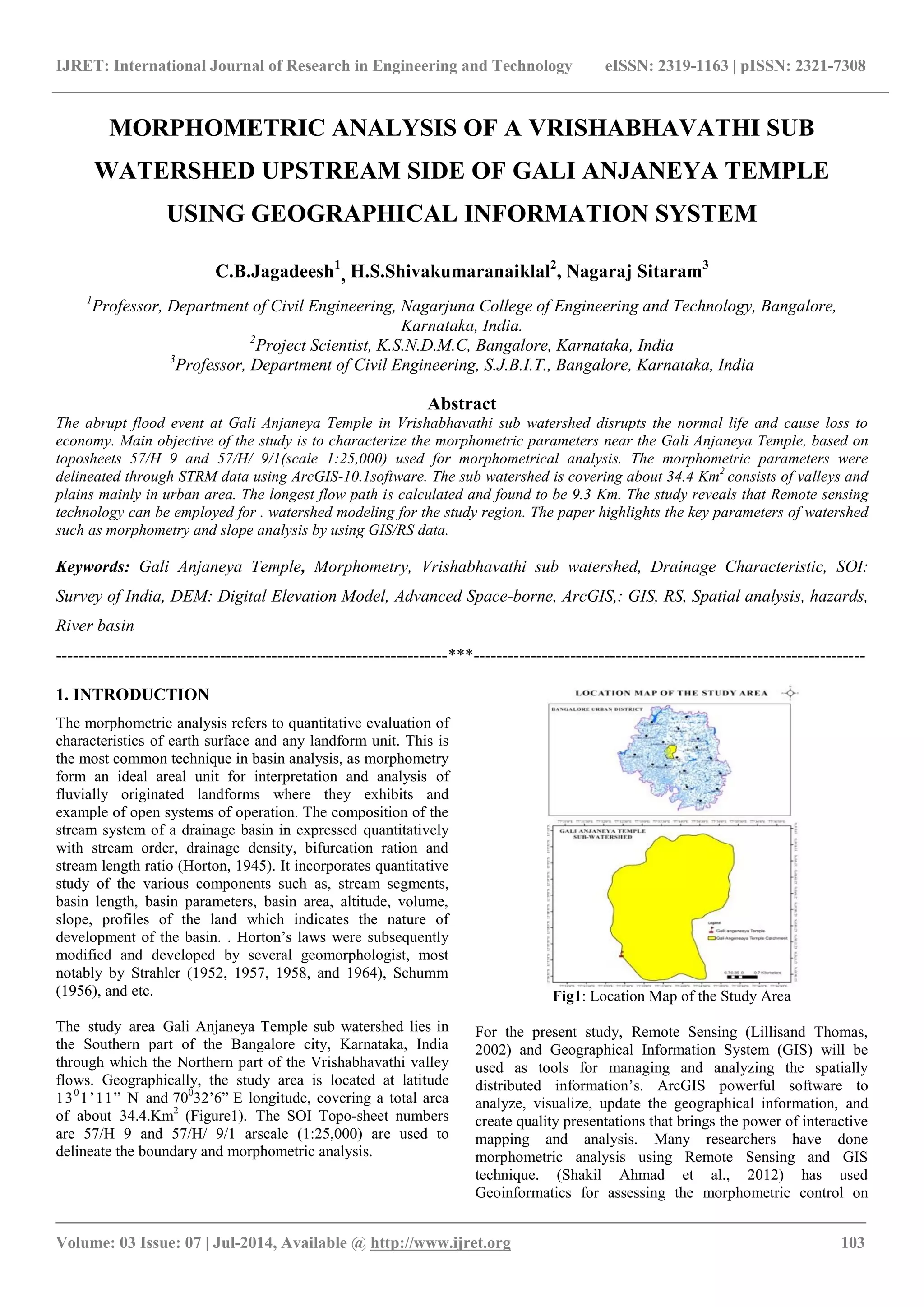 Morphometric analysis of a vrishabhavathi sub watershed upstream side ...