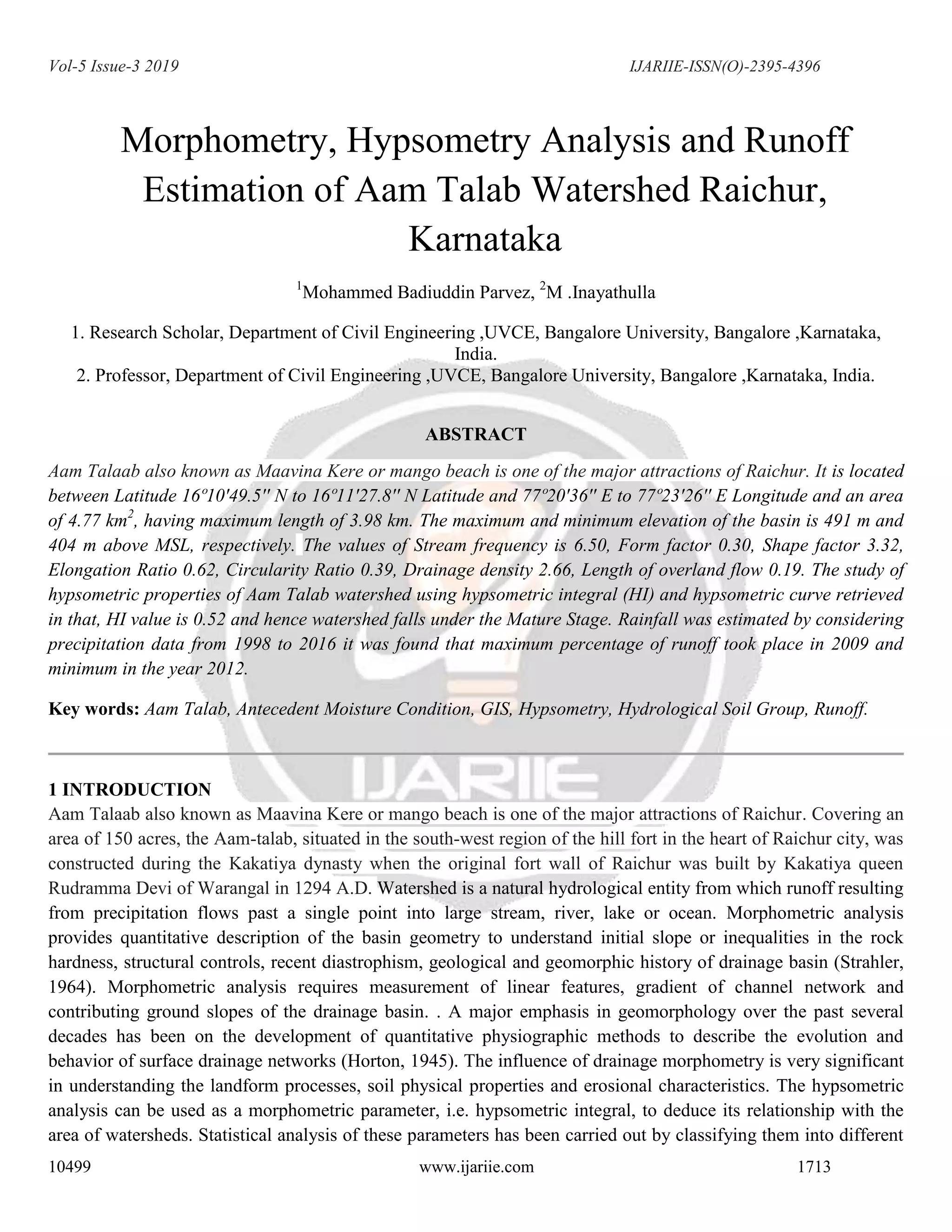 Morphometry hypsometry_analysis_and_runoff_estimation_of_aam_talab_watershed_raichur__karnataka ...