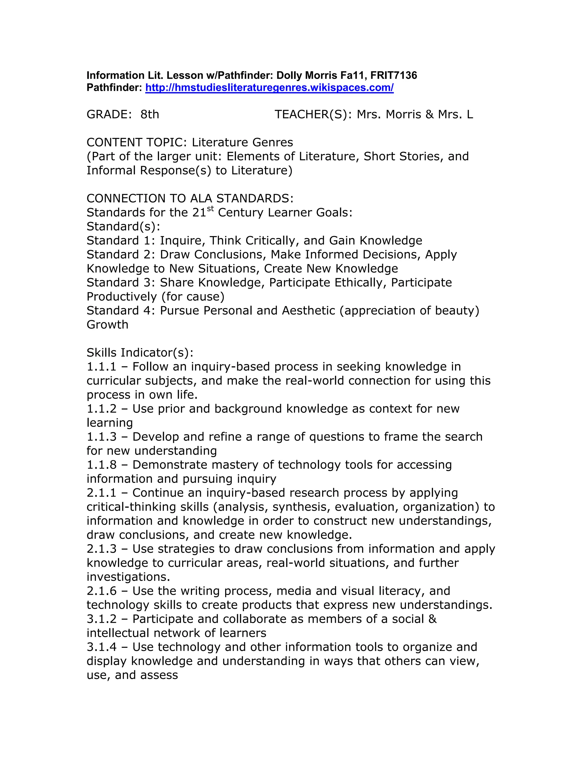 Morris d information literacy pathfinder lesson plan | DOCX