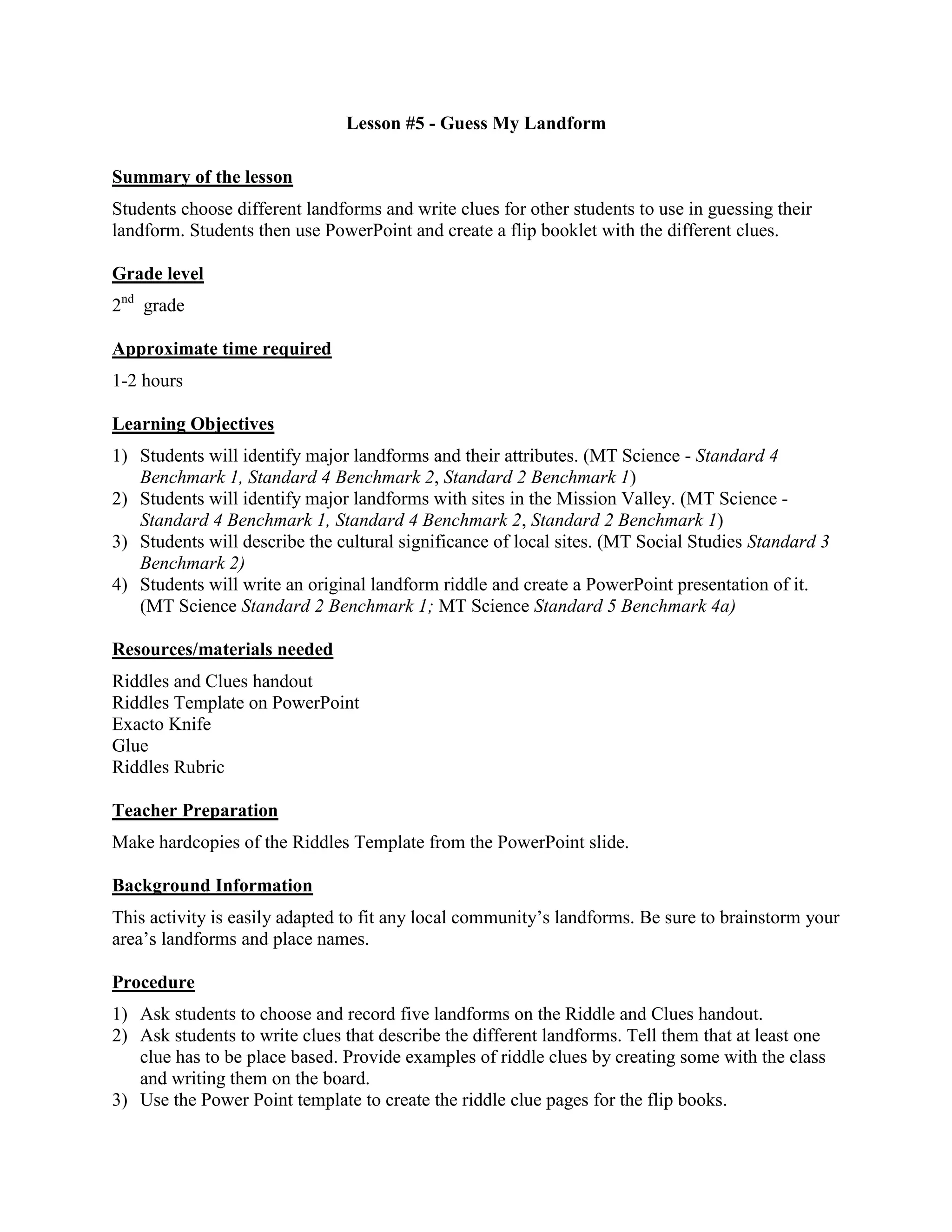 Landforms for class 2 Teaching plan and formative assessment etc | PDF