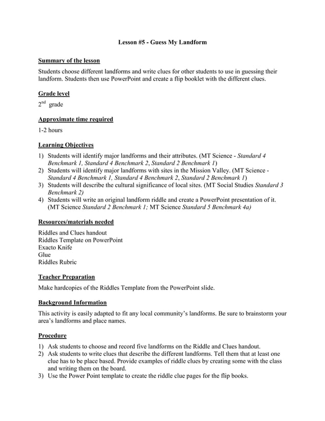 Landforms for class 2 Teaching plan and formative assessment etc | PDF ...