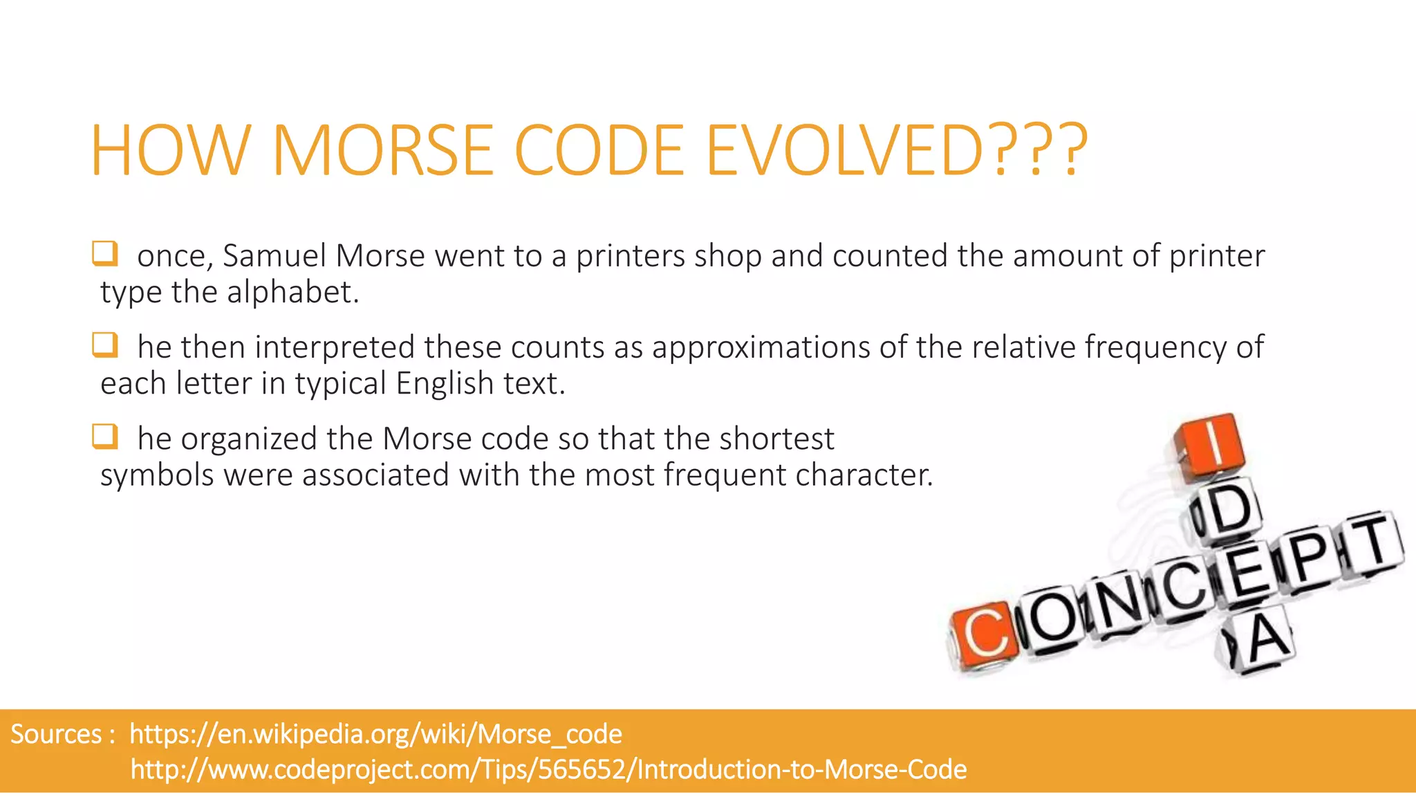 Morse code (-- --- .-. ... . -.-. --- -.. .) | PPTX