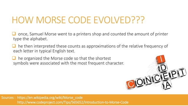 Morse code (-- --- .-. ... . -.-. --- -.. .) | PPTX | Technology & Computing