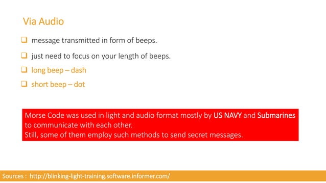 Morse code (-- --- .-. ... . -.-. --- -.. .) | PPTX | Technology & Computing