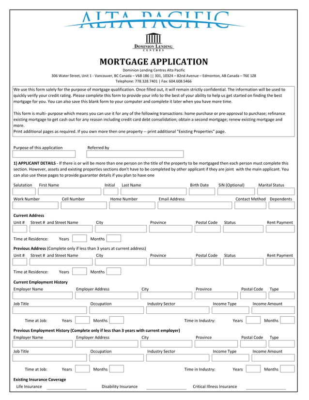 Mortgage application form alta pacific | PDF