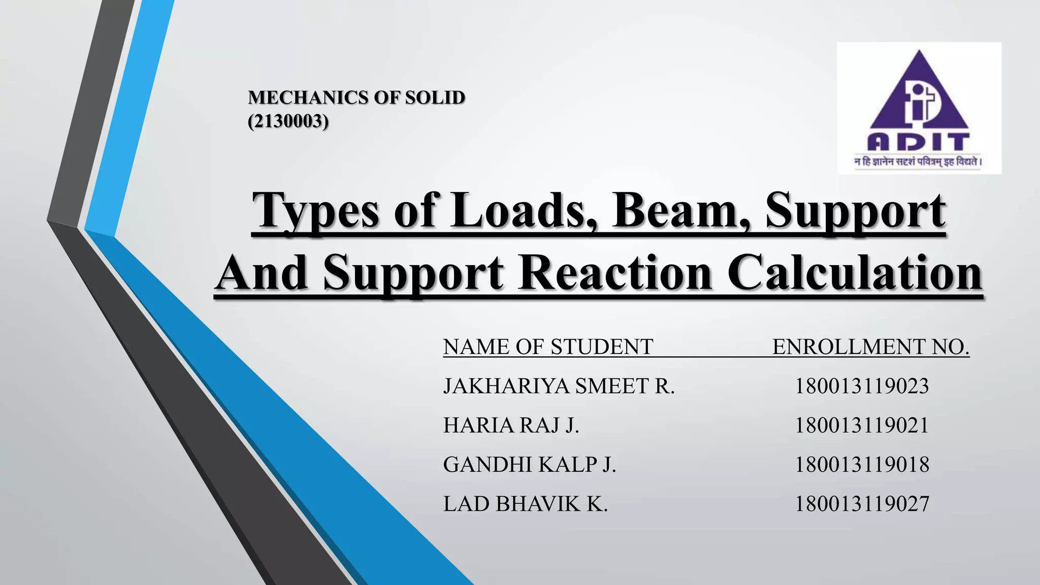 Types of loads, beams, support and support reaction calculation | PPTX