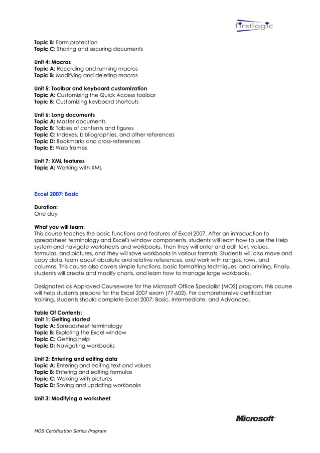 Microsoft office course outline