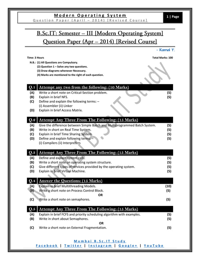 [Question Paper] Modern Operating System (Revised Course) [April / 2014] | PDF | Operating ...