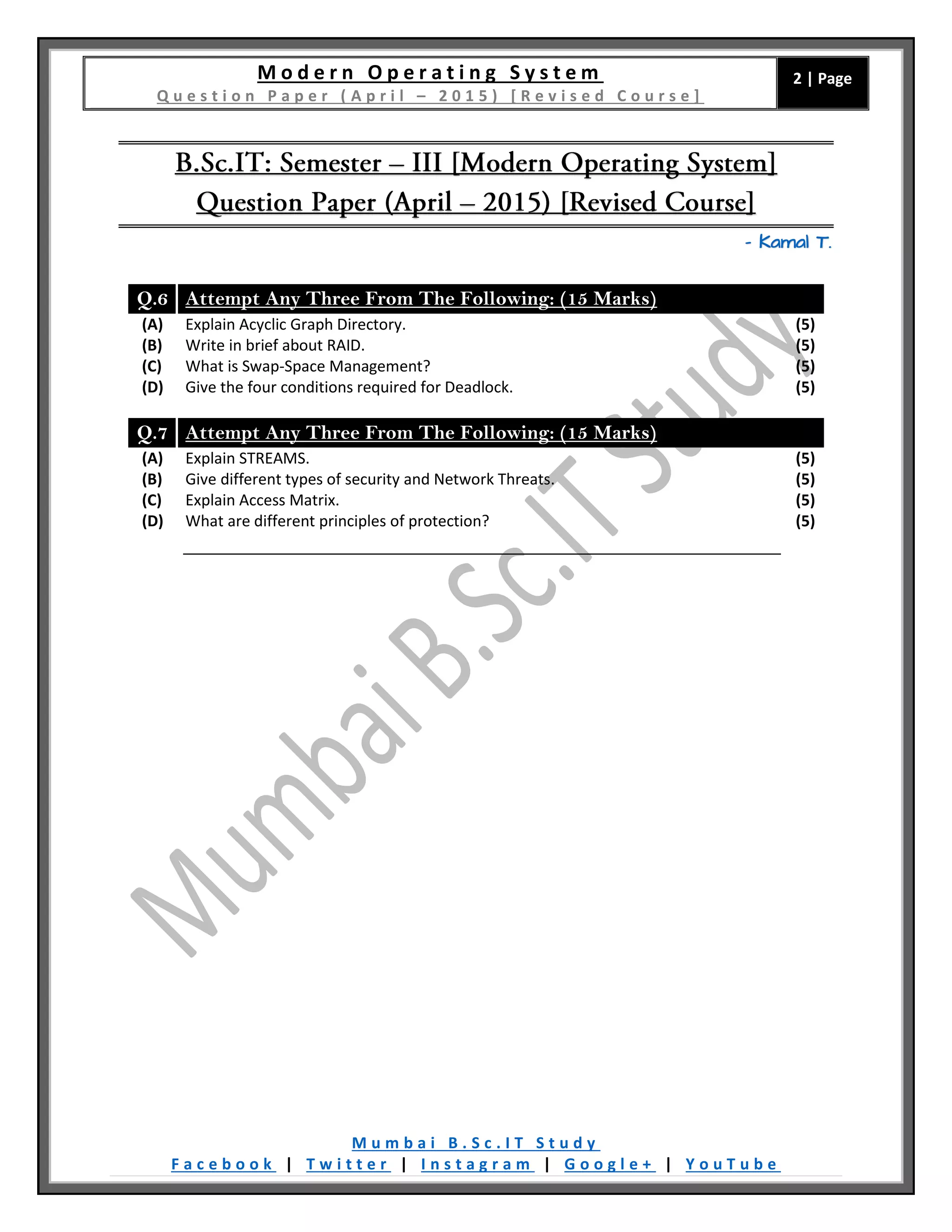 [Question Paper] Modern Operating System (Revised Course) [April / 2015 ...