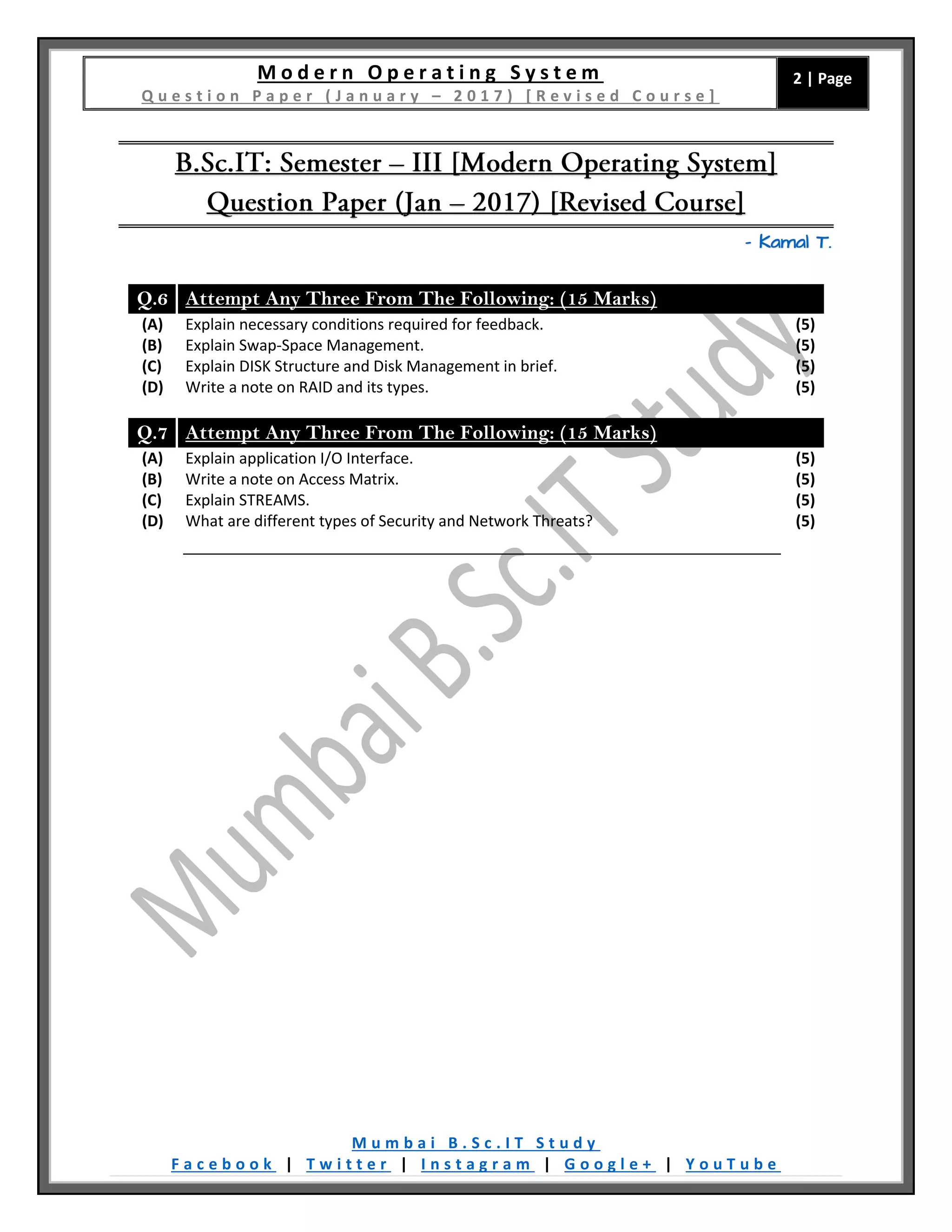 [Question Paper] Modern Operating System (Revised Course) [January / 2017] | PDF