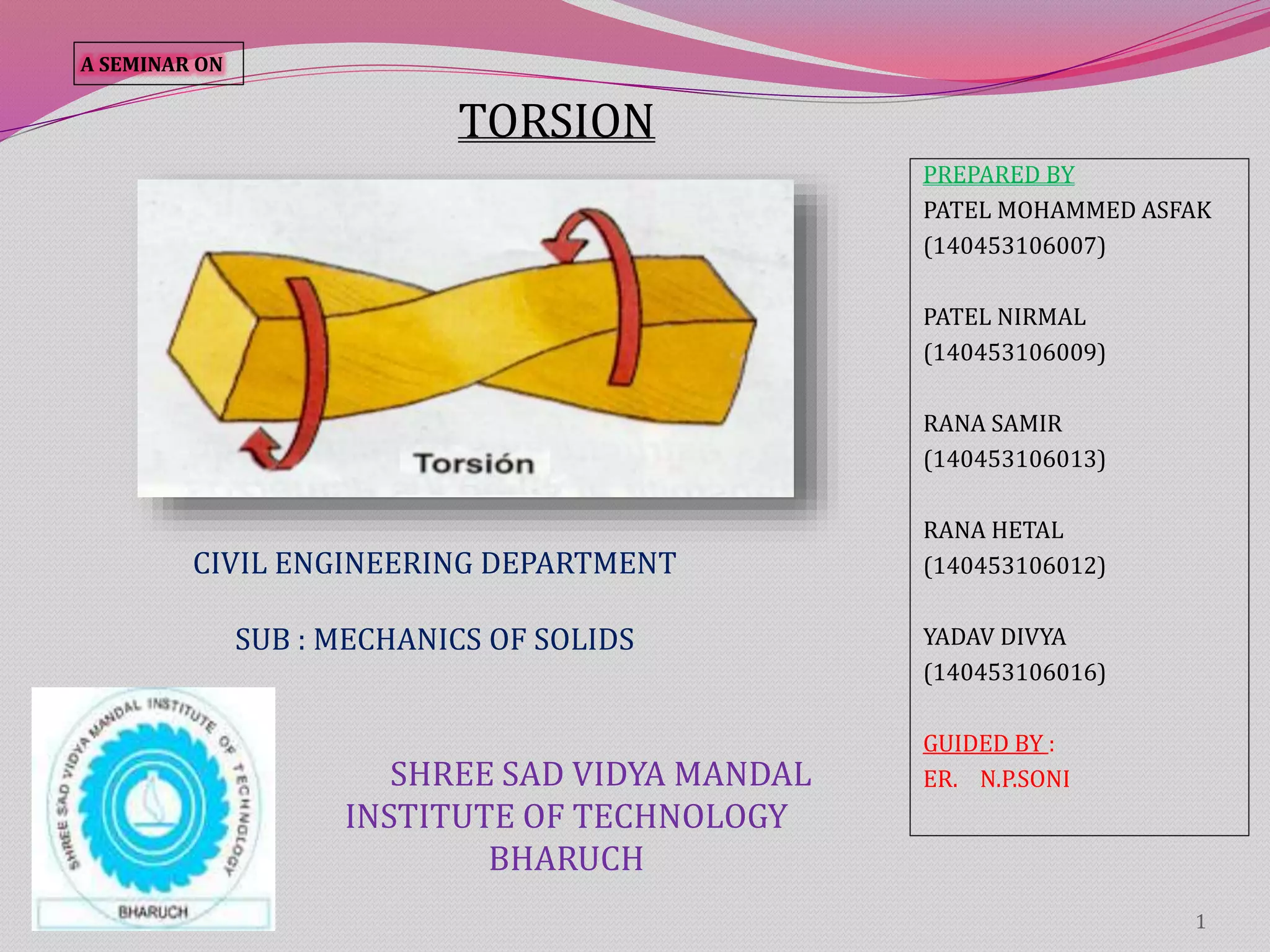 TORSION (MECHANICS OF SOLIDS) | PPTX