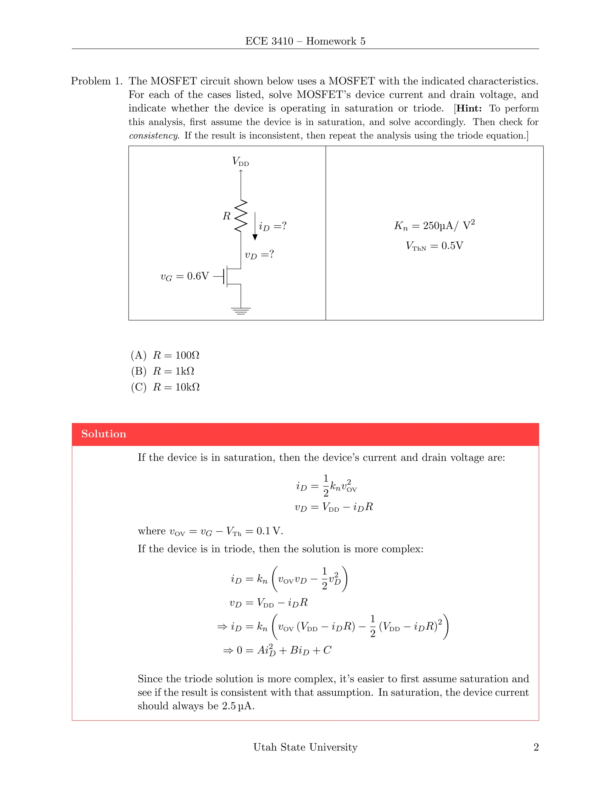 MOSFET Homework solution- Elctronicc Devices | PDF