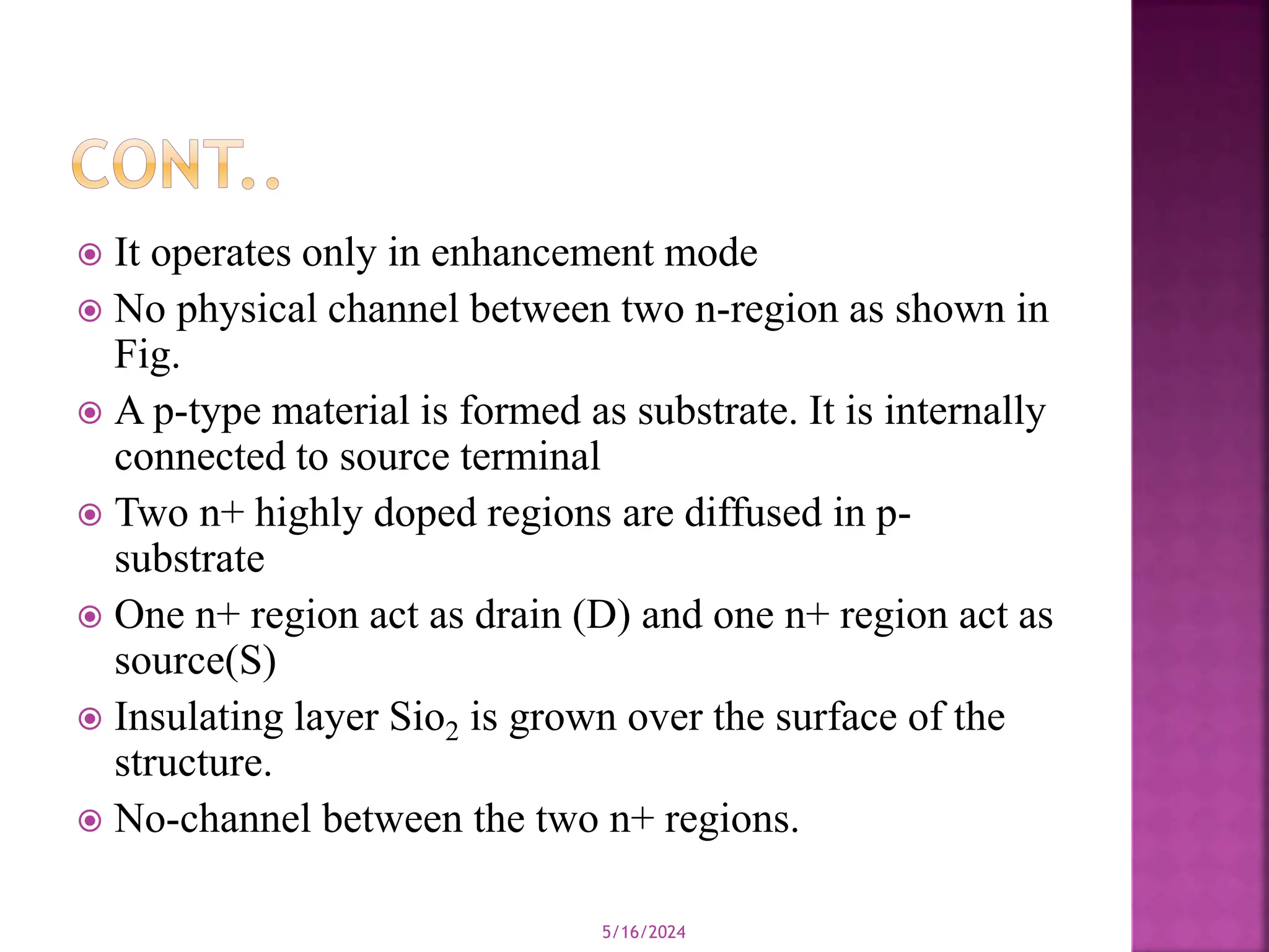 MOSFET OPERATIONS and its types Enhancement and Depletion types | PPTX