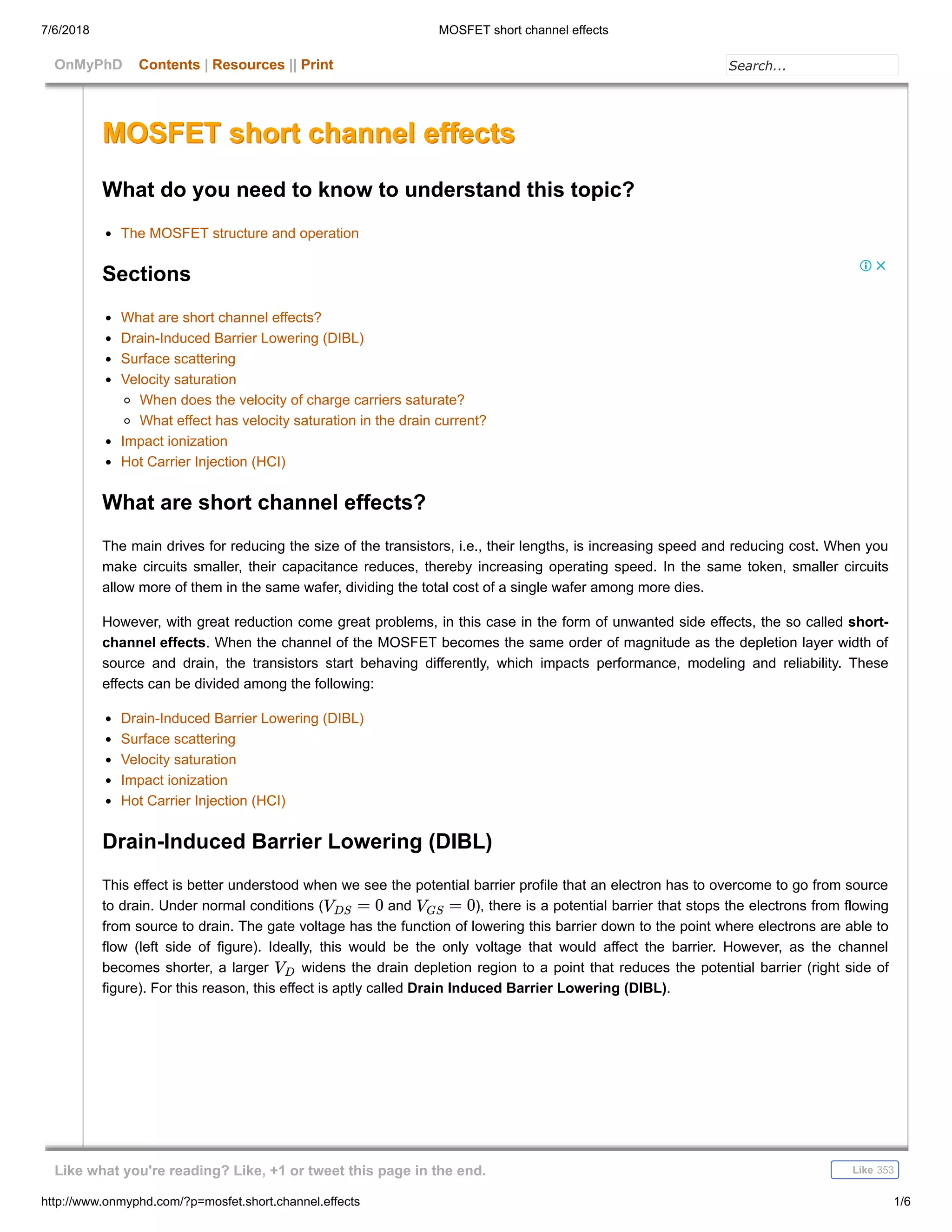 Mosfet short channel effects | PDF