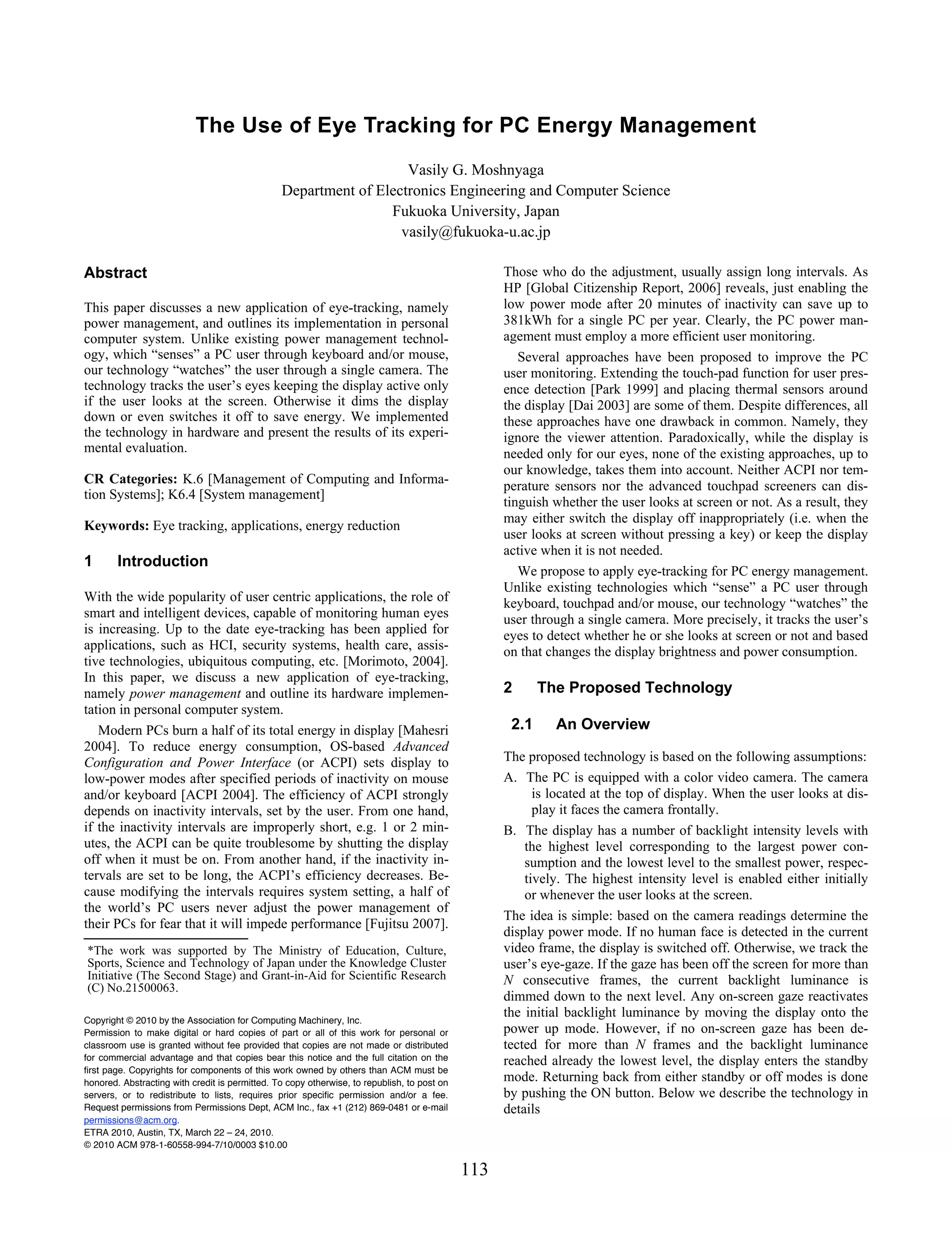 Moshnyaga The Use Of Eye Tracking For Pc Energy Management | PDF