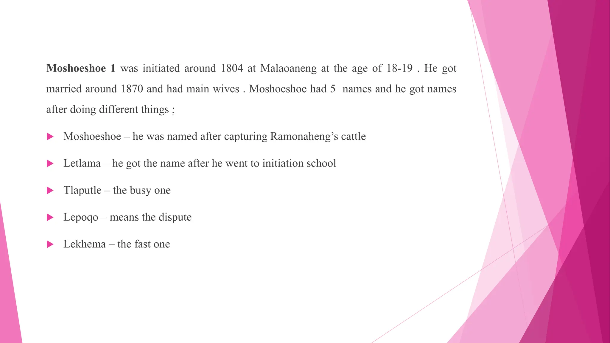 MOSHOESHOE AND MOHLOMI . BRIEF HISTORY OF MORENA MOSHOESHOE HOW HE GREW ...