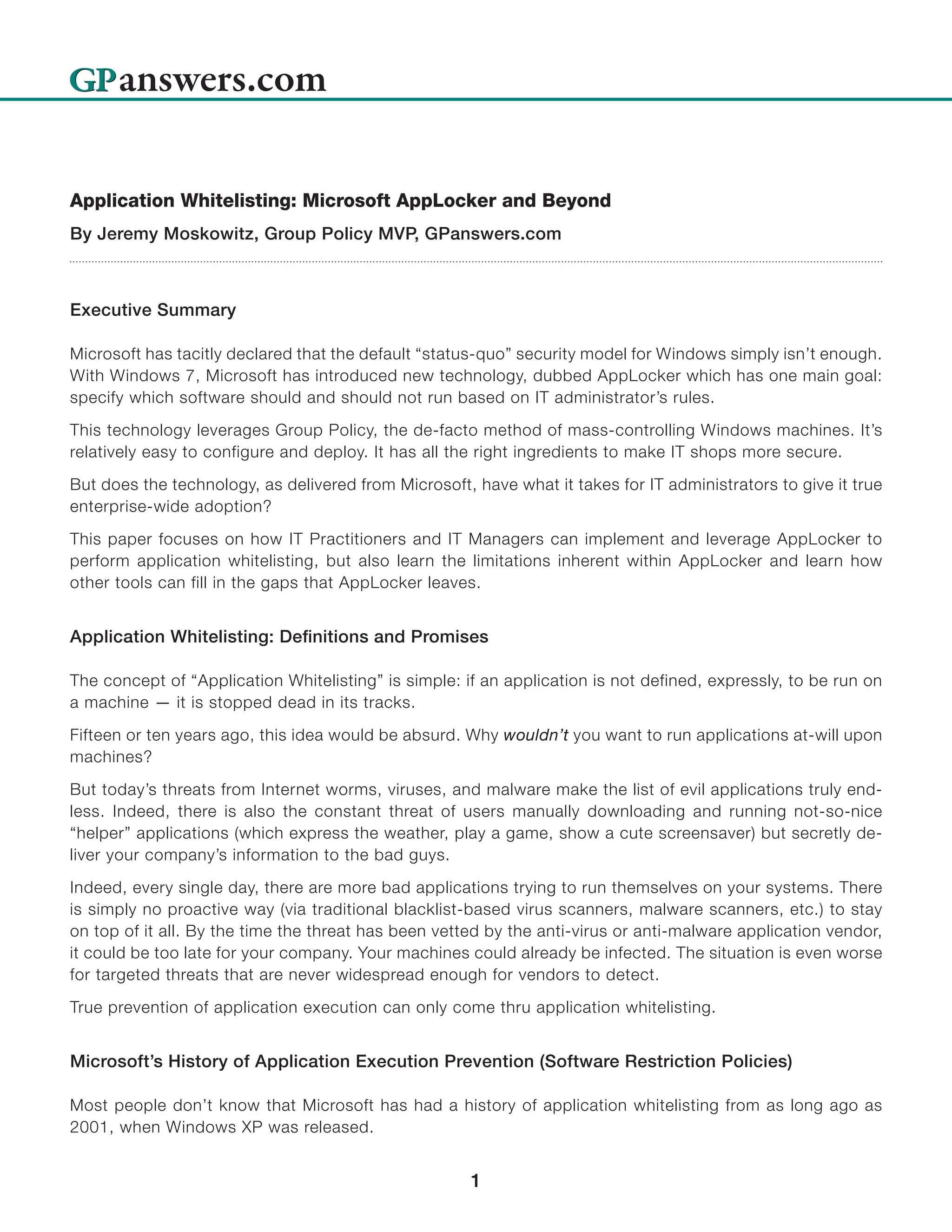 Moskowitz Whitepaper Microsoft App Locker And Beyond | PDF