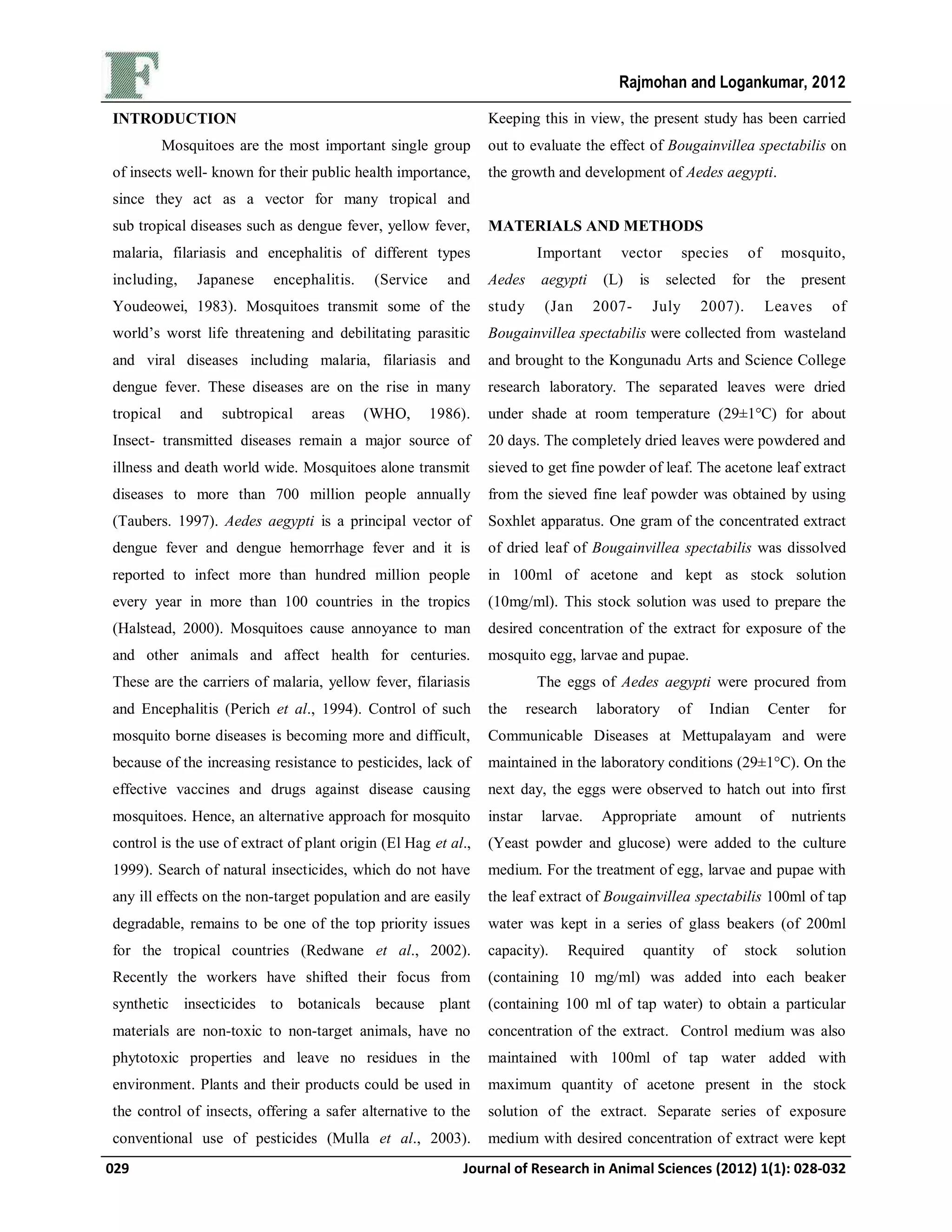 Mosquitocidal property of leaf extract of bougainvillea spectabilis ...