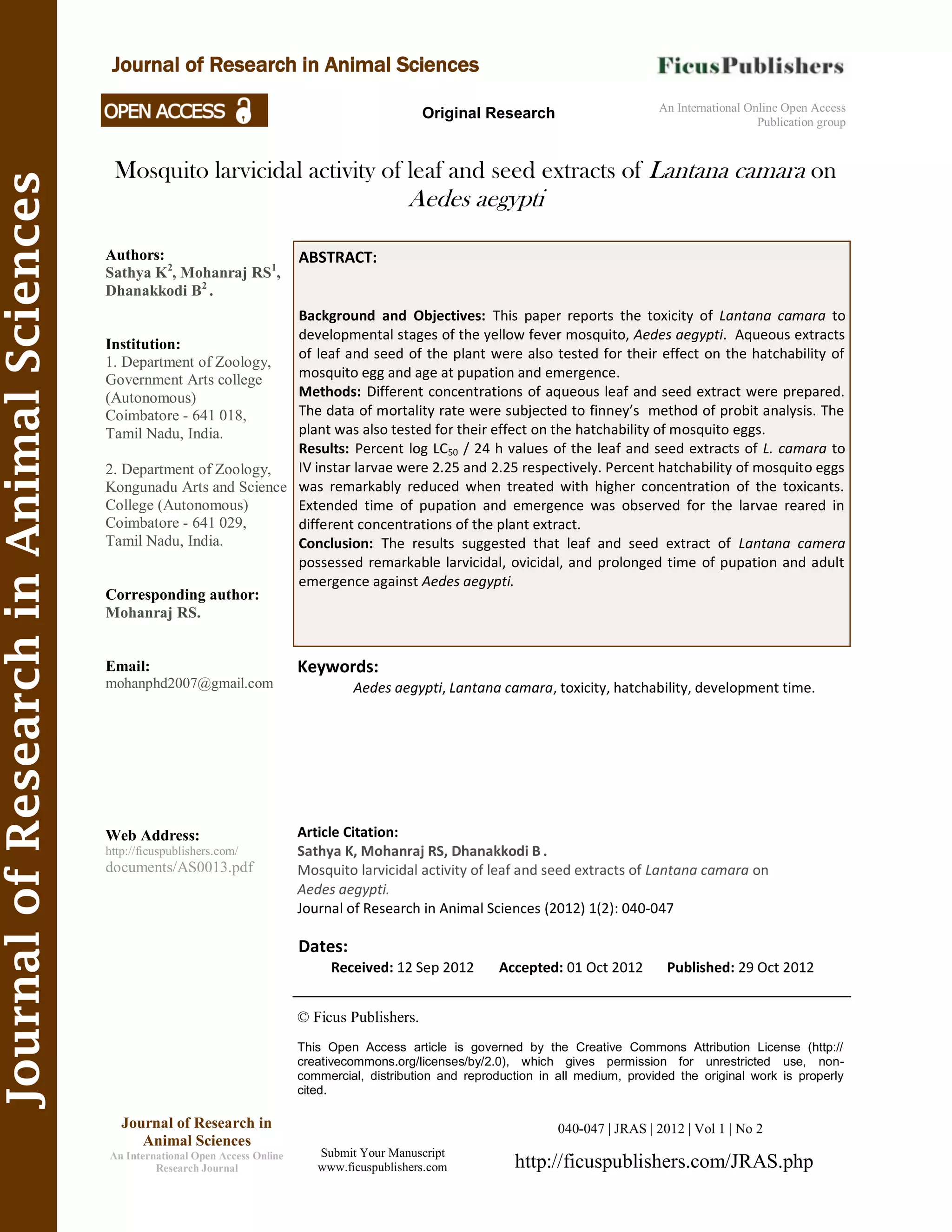 Mosquito larvicidal activity of leaf and seed extracts of Lantana ...