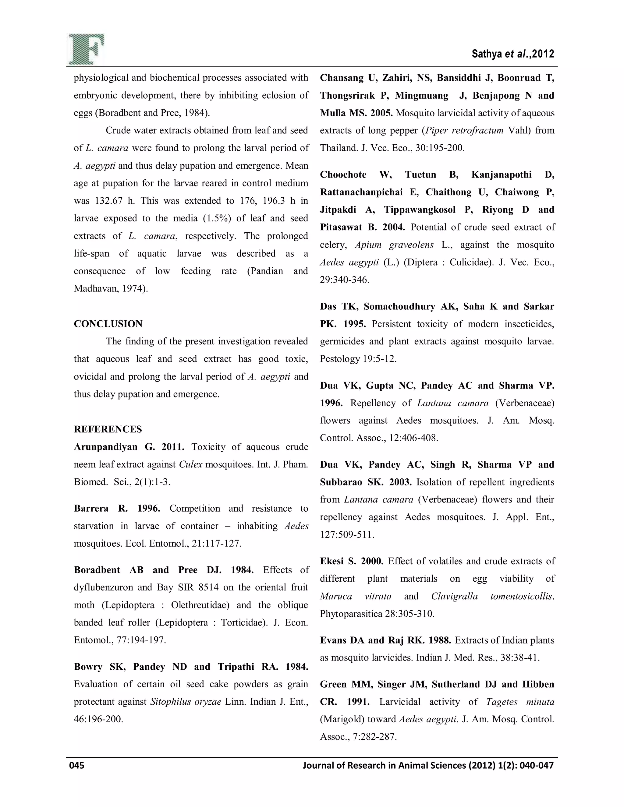Mosquito larvicidal activity of leaf and seed extracts of Lantana ...