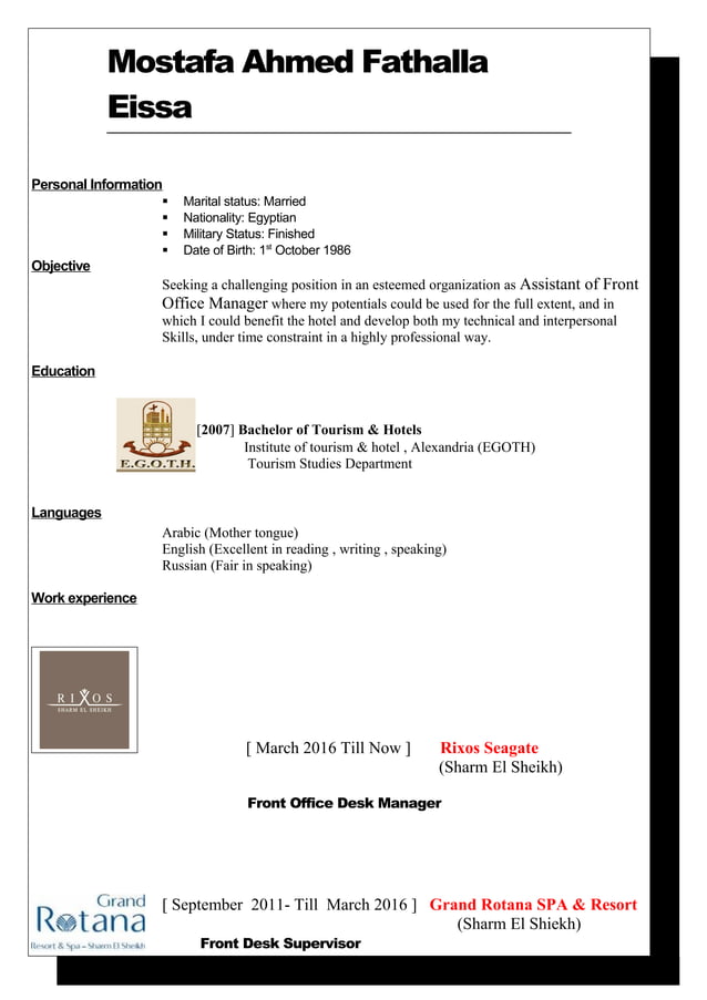 Mostafa fathallah c.v(2) | DOC | Hotels and Motels | Travel Type
