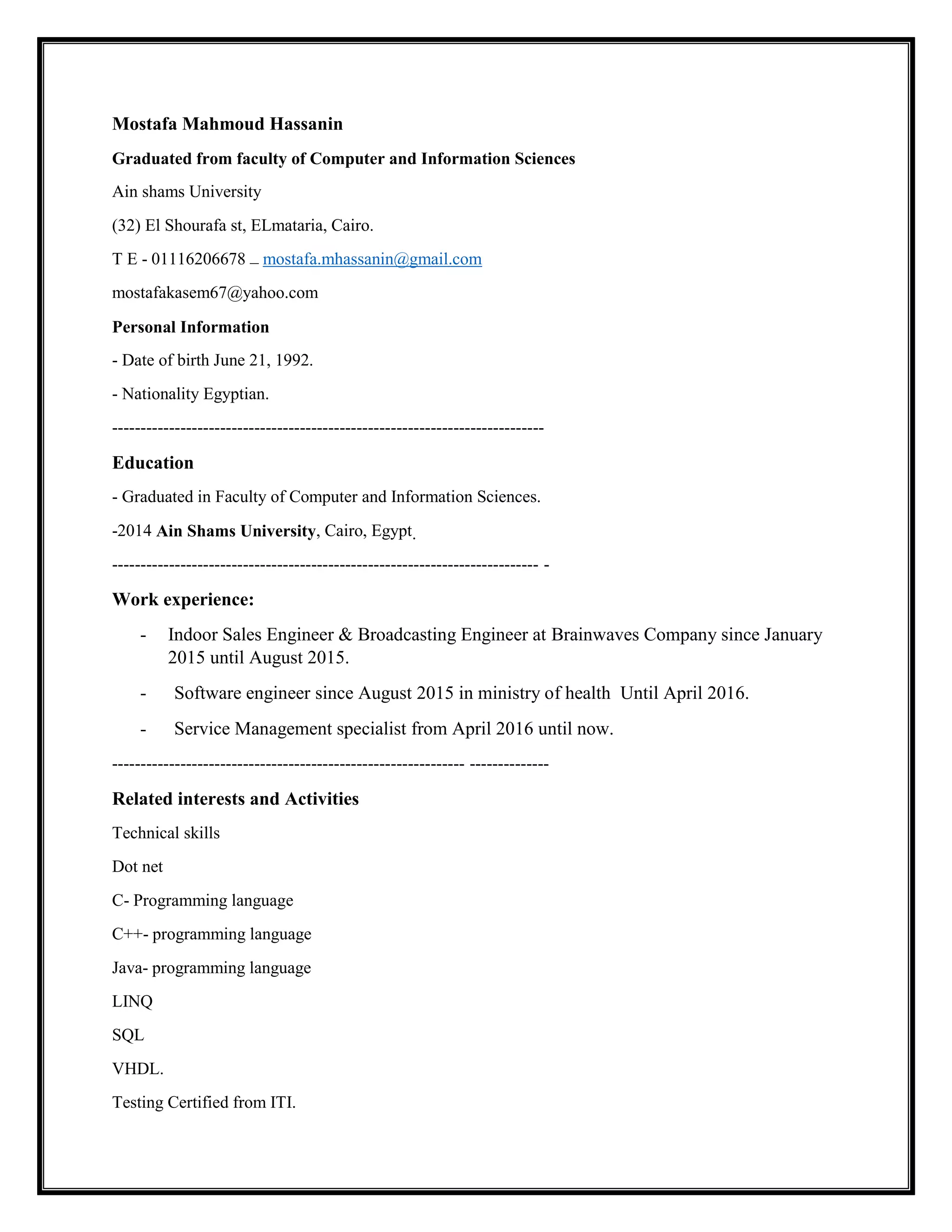Resume,Mostafa hassanin | PDF