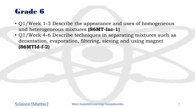 Most Essential Learning Competencies in Science (Matter) | PDF