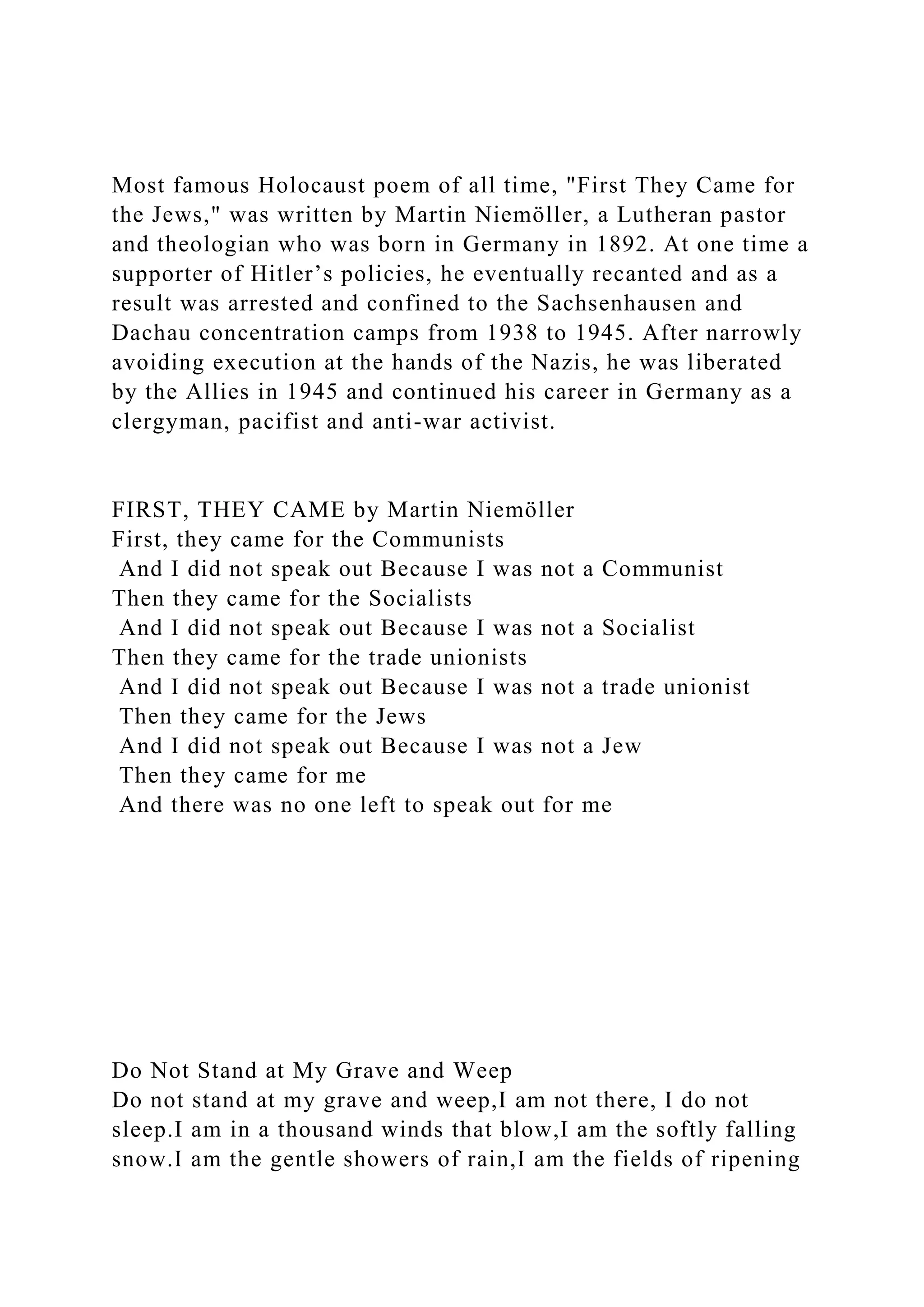 Most famous Holocaust poem of all time, First They Came for the J.docx