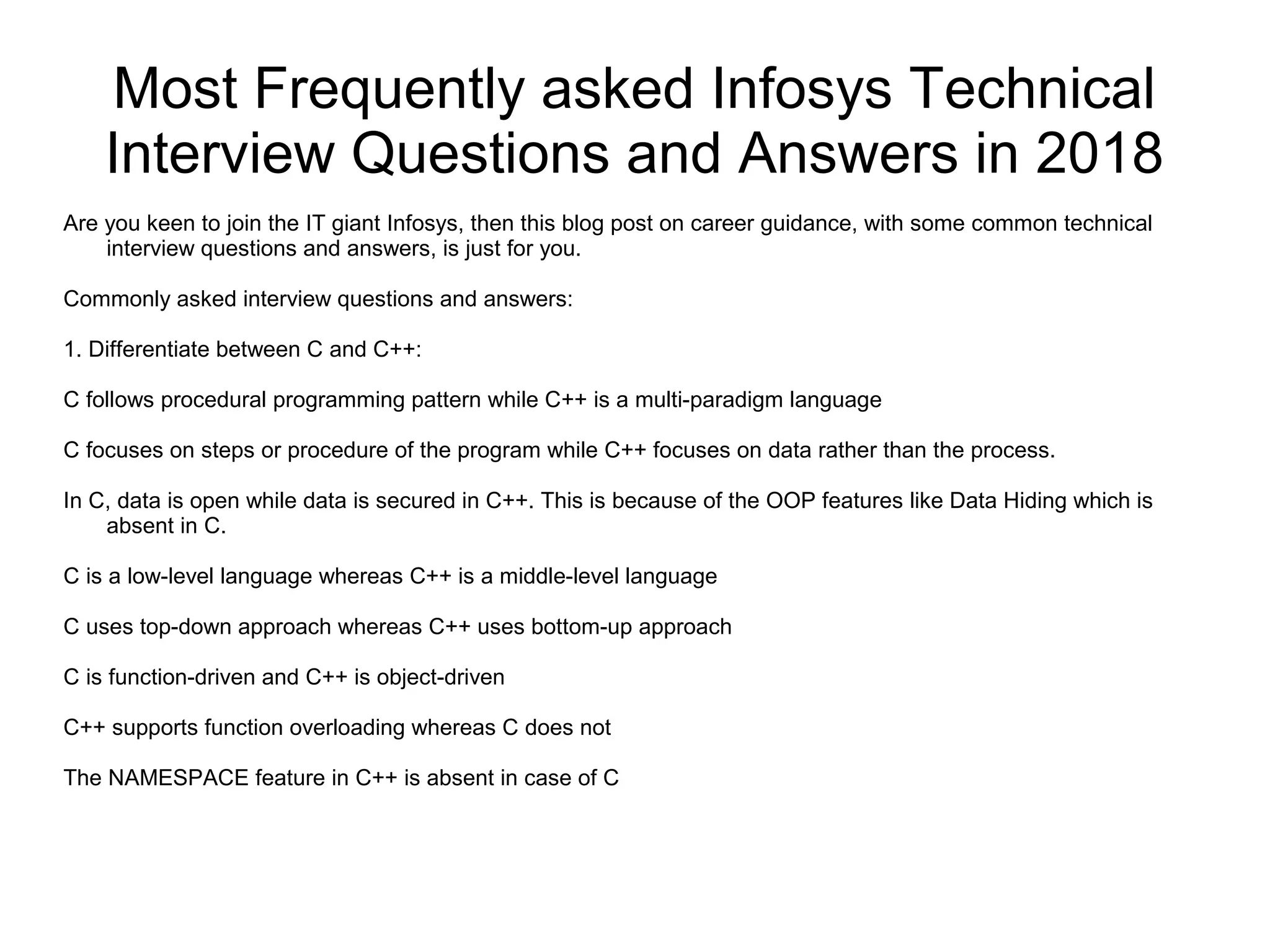 Most Frequently Asked Infosys Technical Interview Questions And Answers In 2018 Ppt 7368