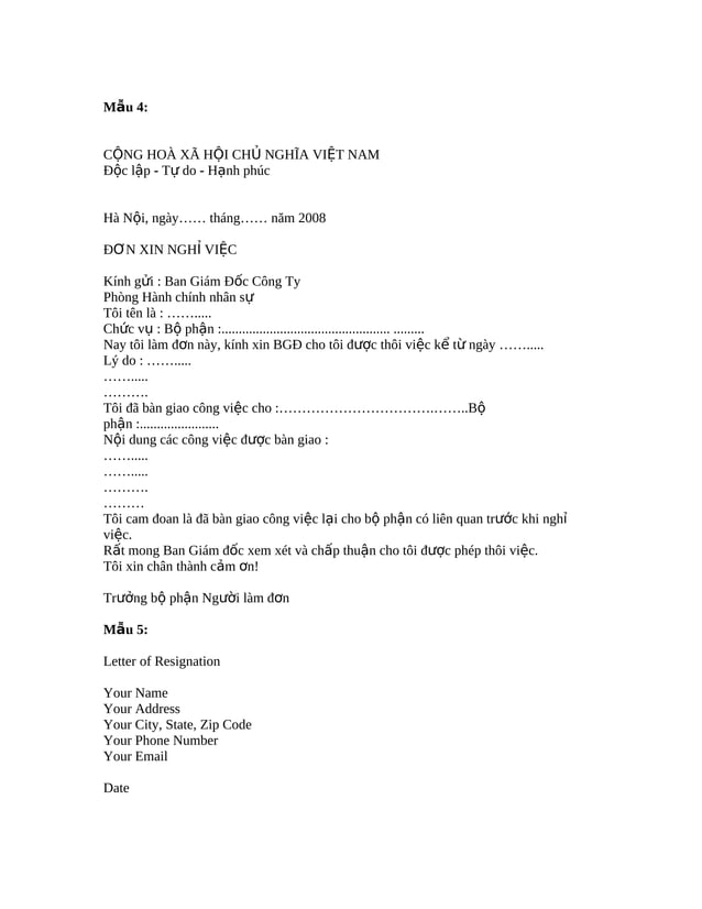 Mot so-mau-don-xin-nghi-viec-tieng-viet-va-tieng-anh | PDF