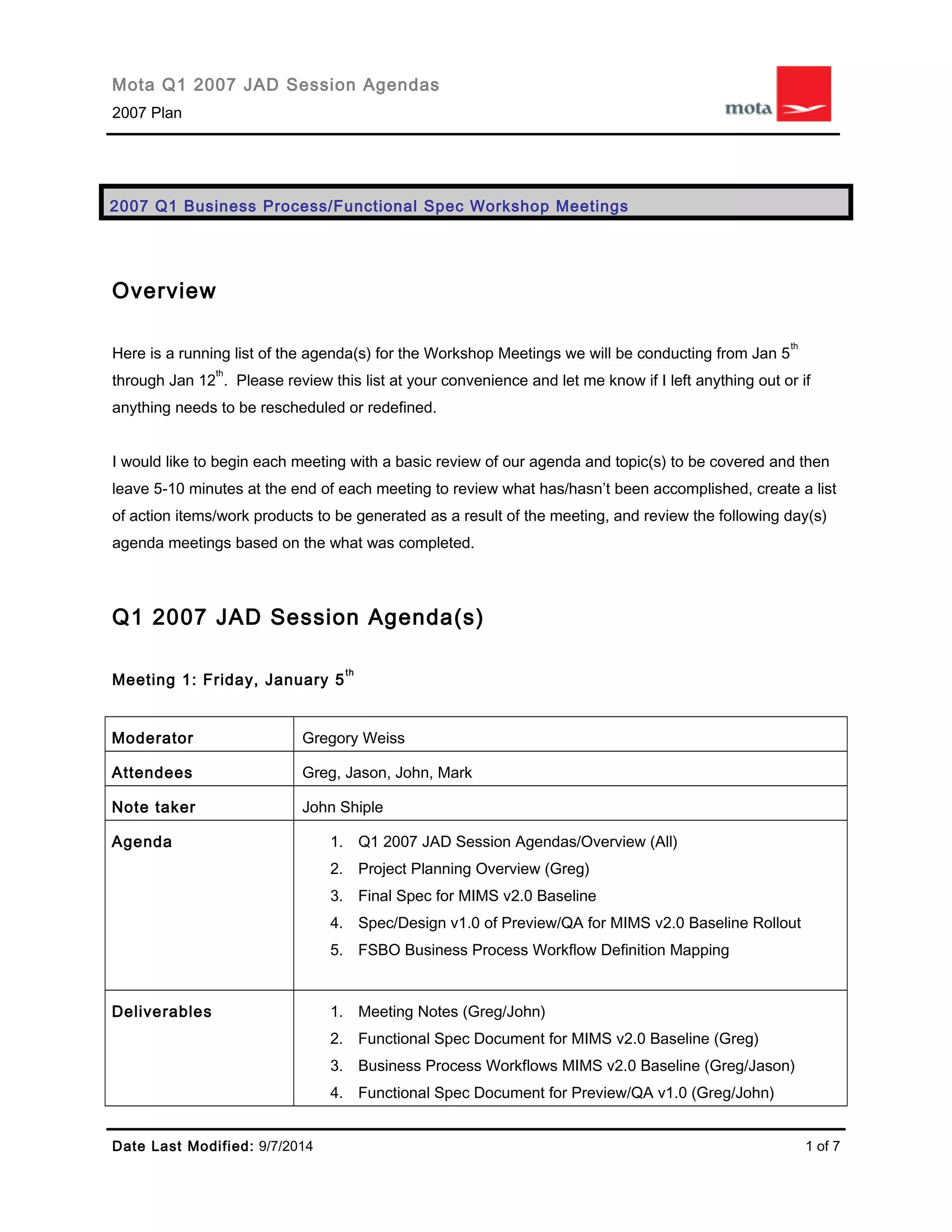 Organizational JAD Session Workshops - Agenda | DOC