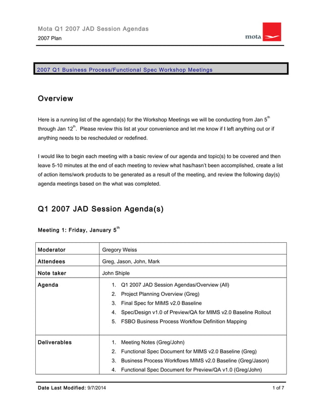 Organizational JAD Session Workshops - Agenda | PDF