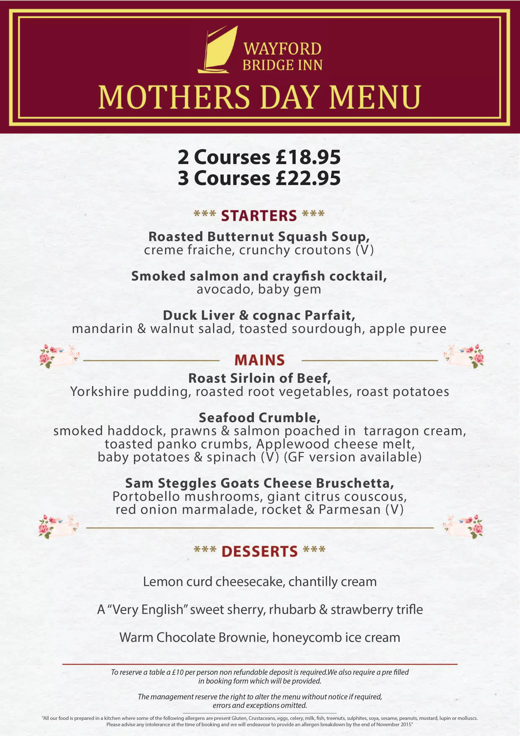 Wayford Bridge Mothers Day Menu 2016 | PDF