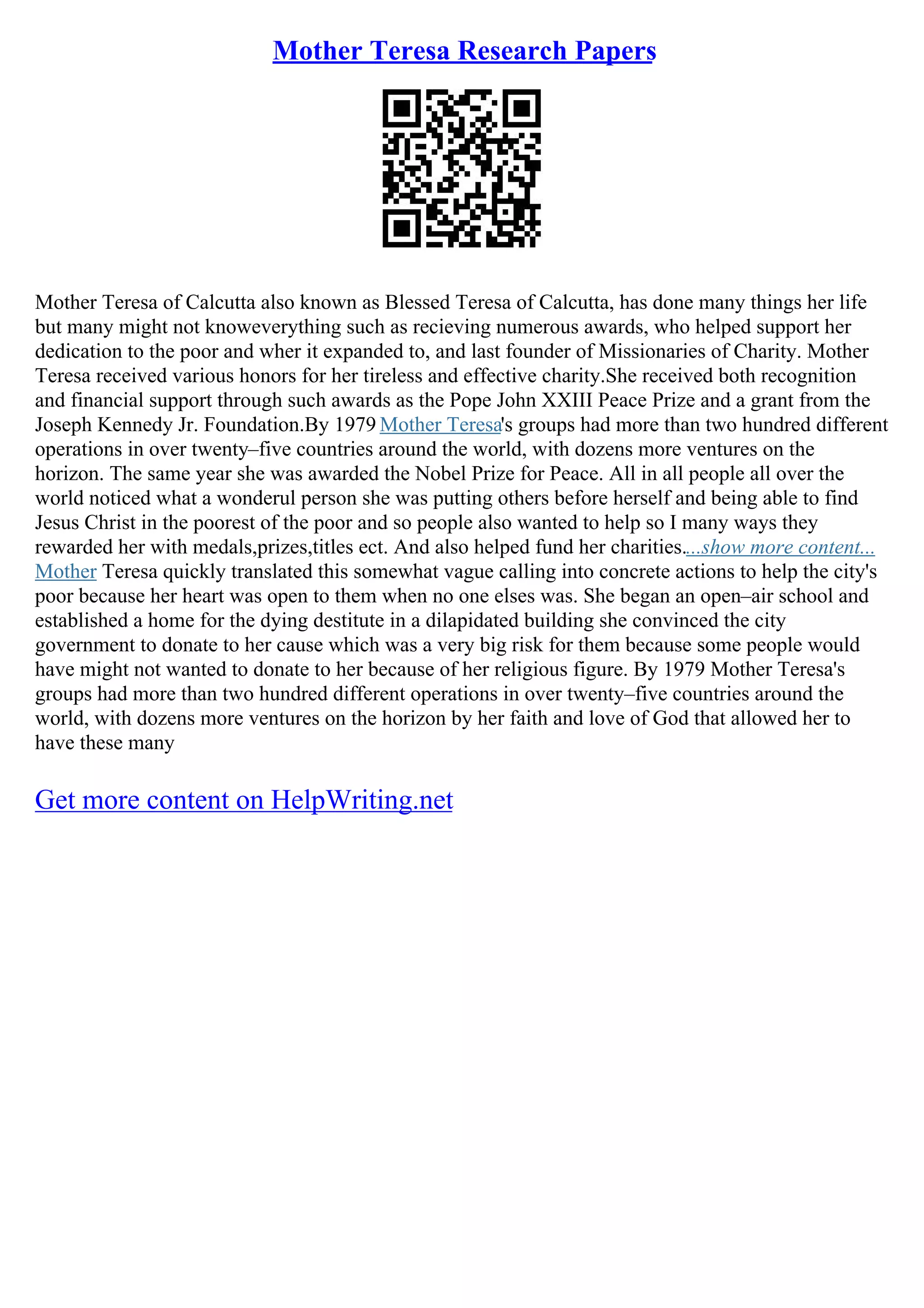 Mother Teresa Research Papers | PDF