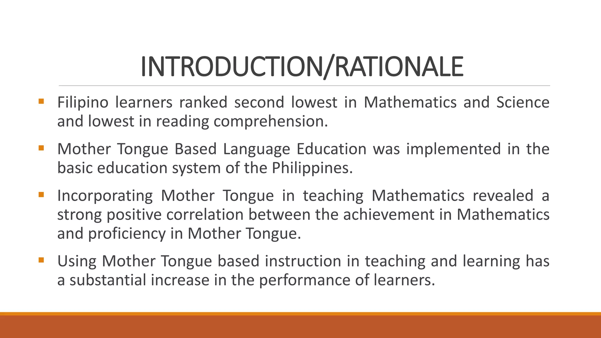 MOTHER TONGUE AS MEDIUM OF INSTRUCTION PPT PROPOSAL.pptx | Educational Assessment | Education