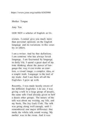 Mother tongue author(s) amy tan source the threepenn | DOCX | Genealogy ...
