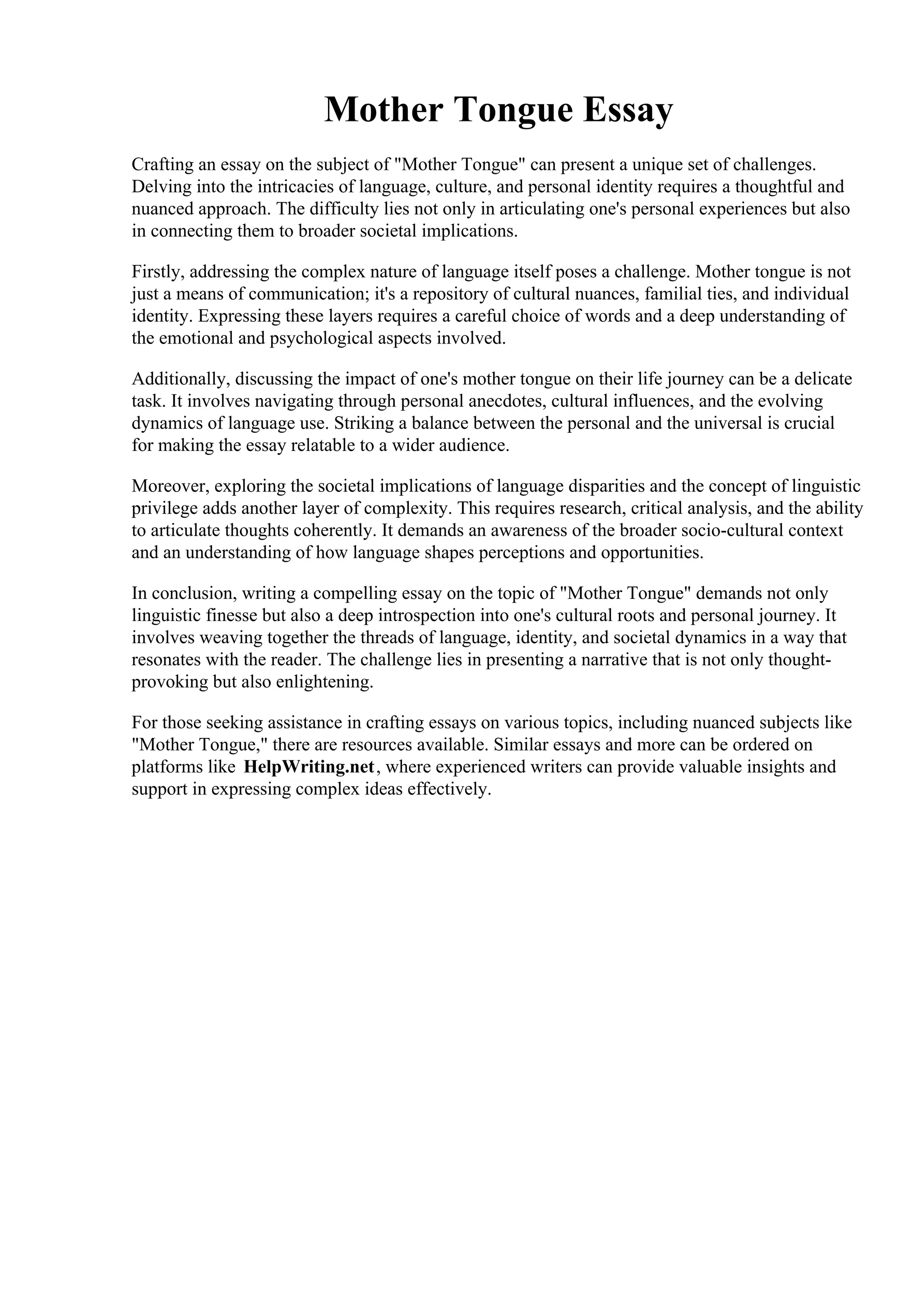 Mother Tongue Essay. The Role of Mother Tongue Essay Example Topics and ...