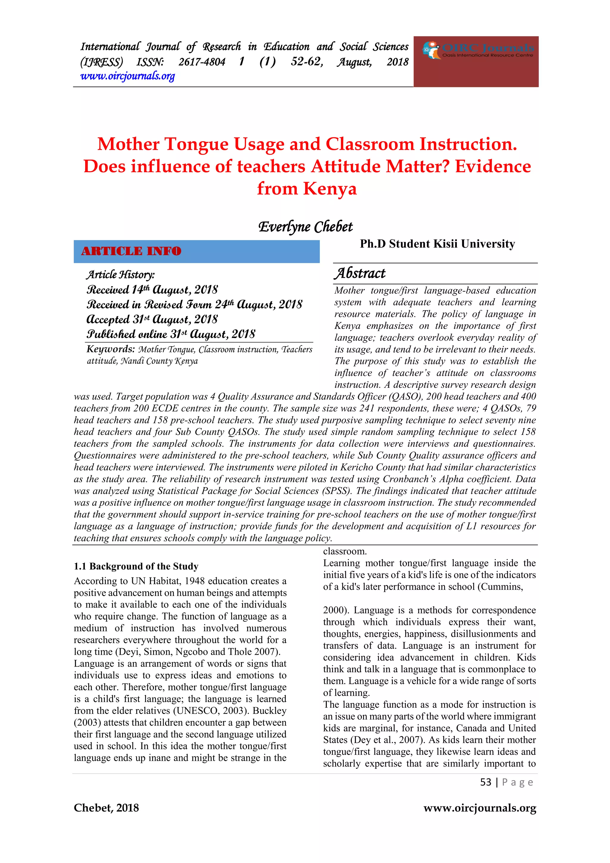 Mother tongue usage and classroom instruction | PDF