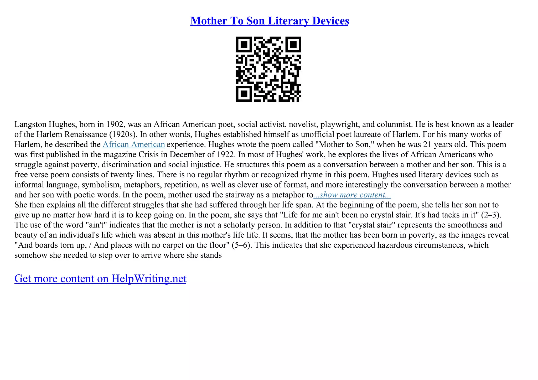 Mother To Son Literary Devices | PDF