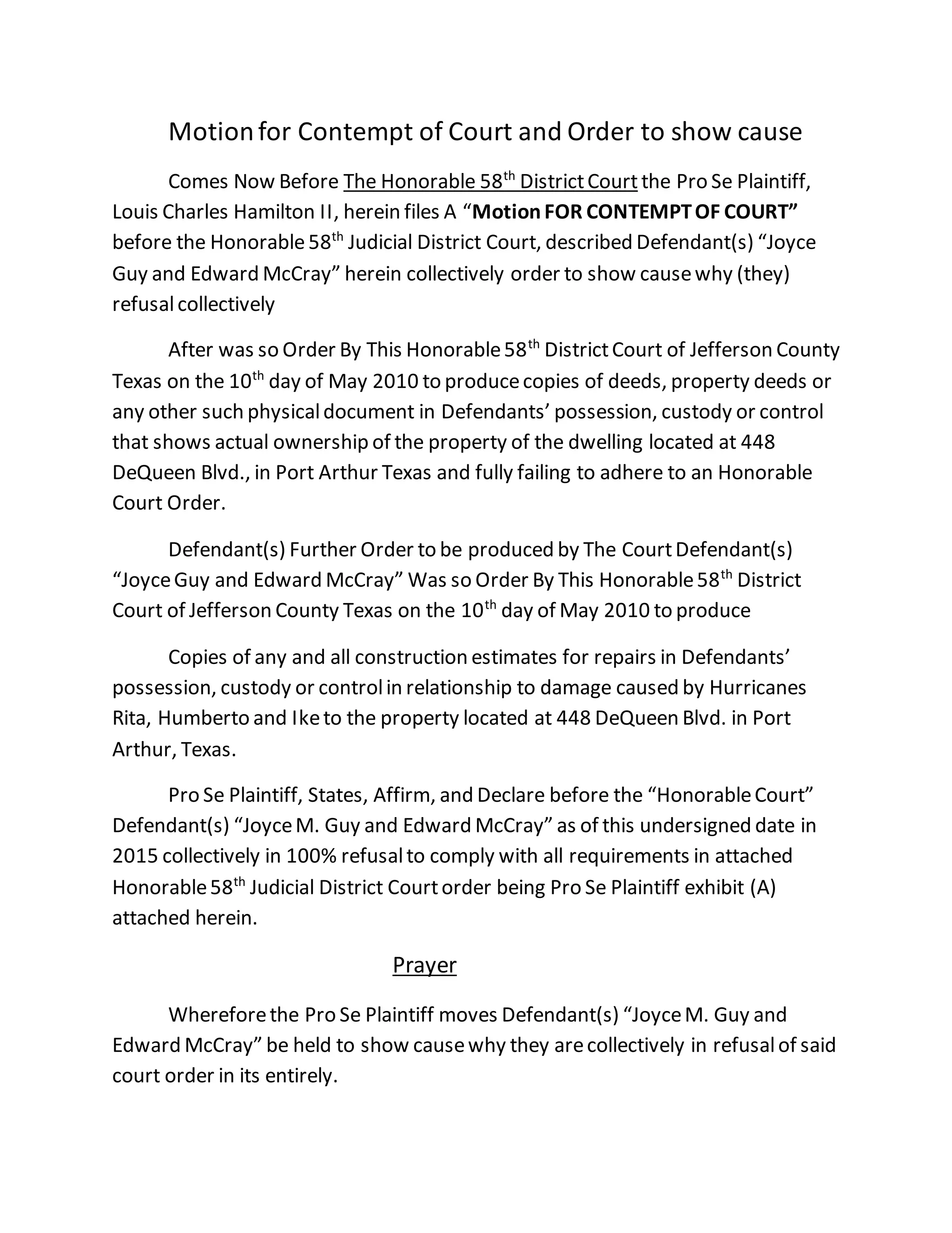 Motion for contempt of court and order to show cause | DOCX