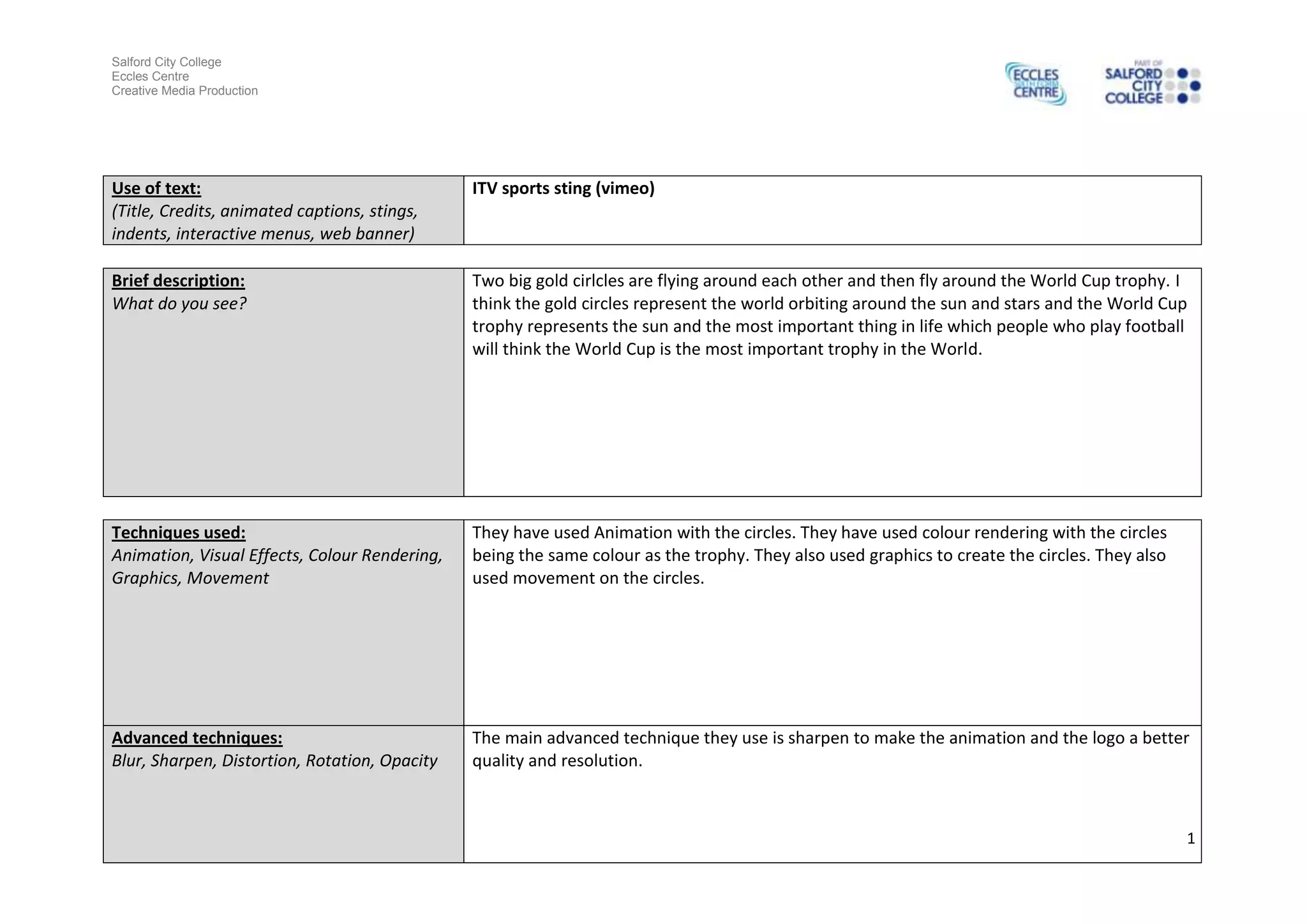 Motion Graphics and Compositing Video Analysis Worksheet | DOCX