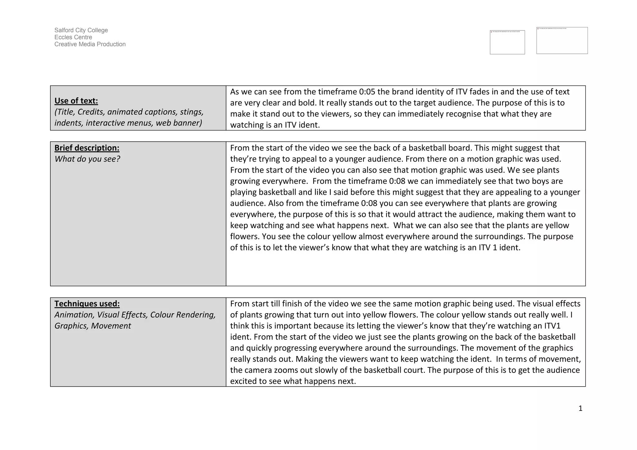 Motion graphics and_compositing_video_analysis_worksheet_itv1 ident | PPT