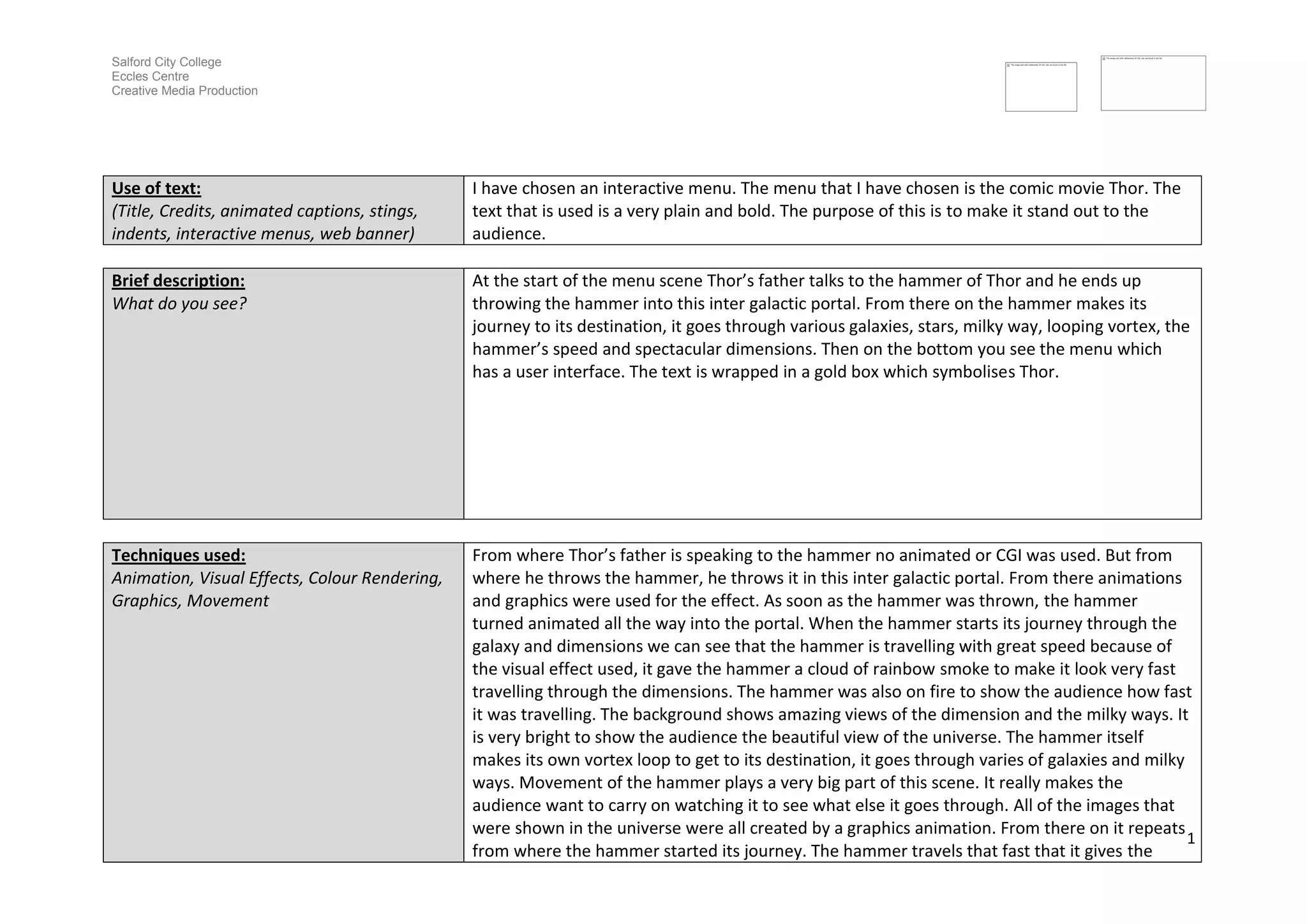 Motion graphics and_compositing_video_analysis_worksheet_thor | PPT