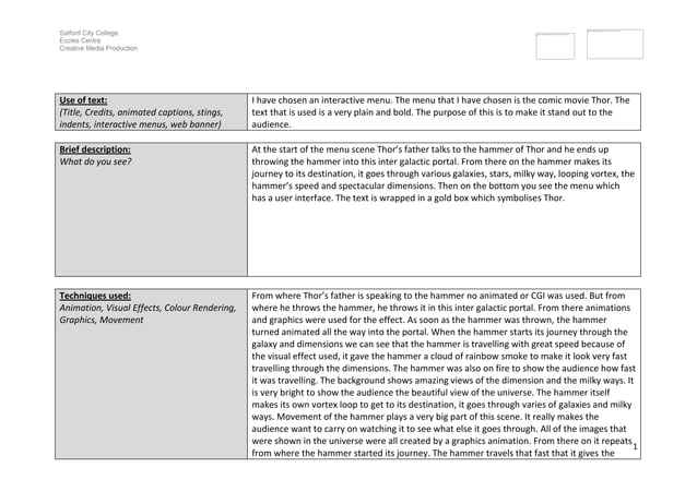 Motion graphics and_compositing_video_analysis_worksheet_thor | PPT